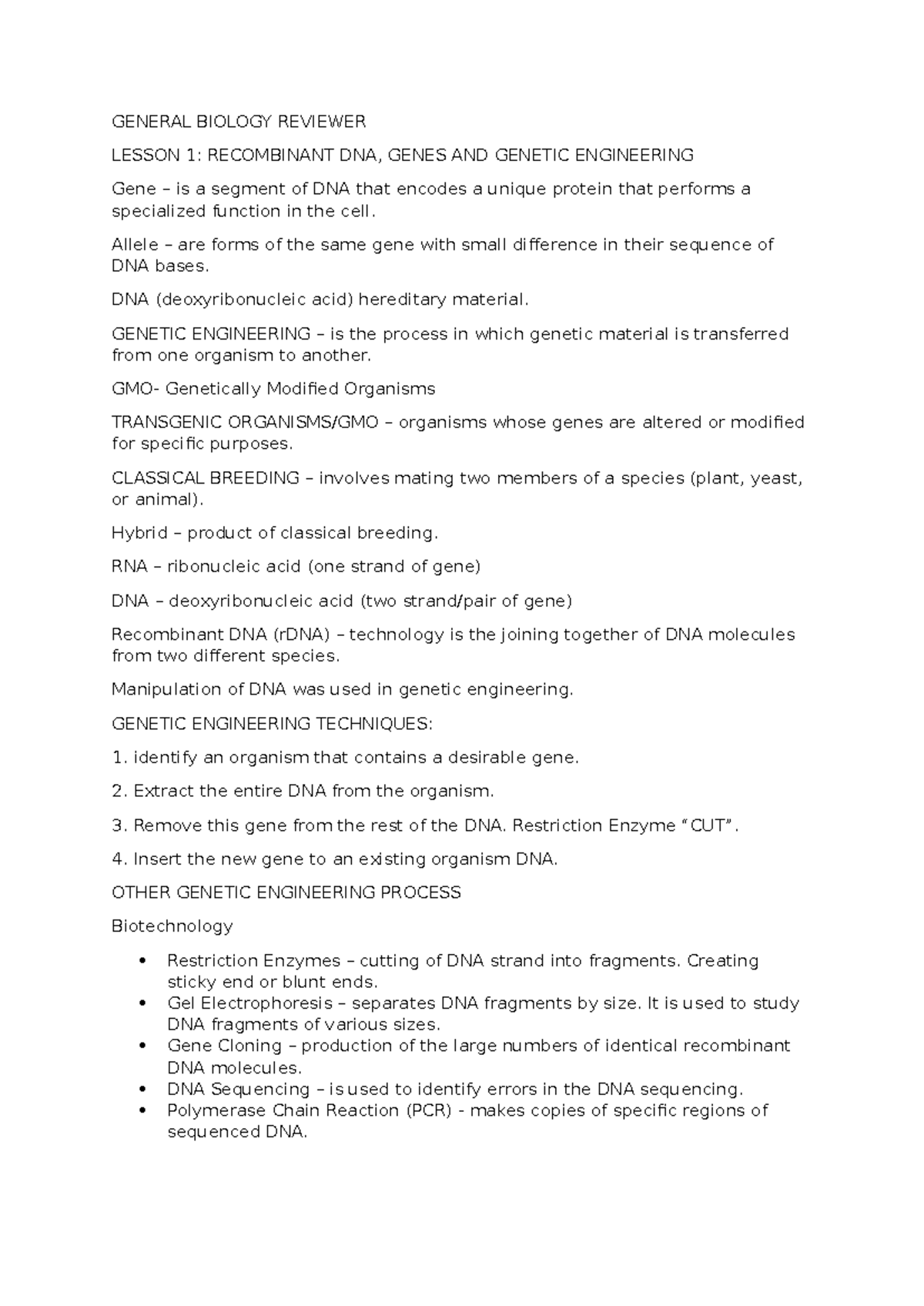 General Biology Reviewer - GENERAL BIOLOGY REVIEWER LESSON 1: RECOMBINANT DNA, GENES AND GENETIC ...