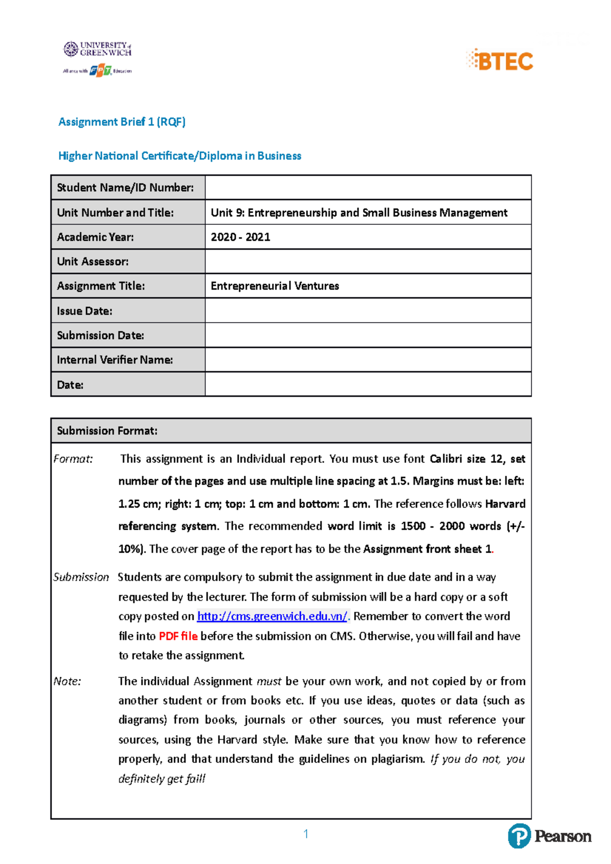1 495 Assignment 1 Brief 2020 2021 - Assignment Brief 1 (RQF) Higher National Certificate ...