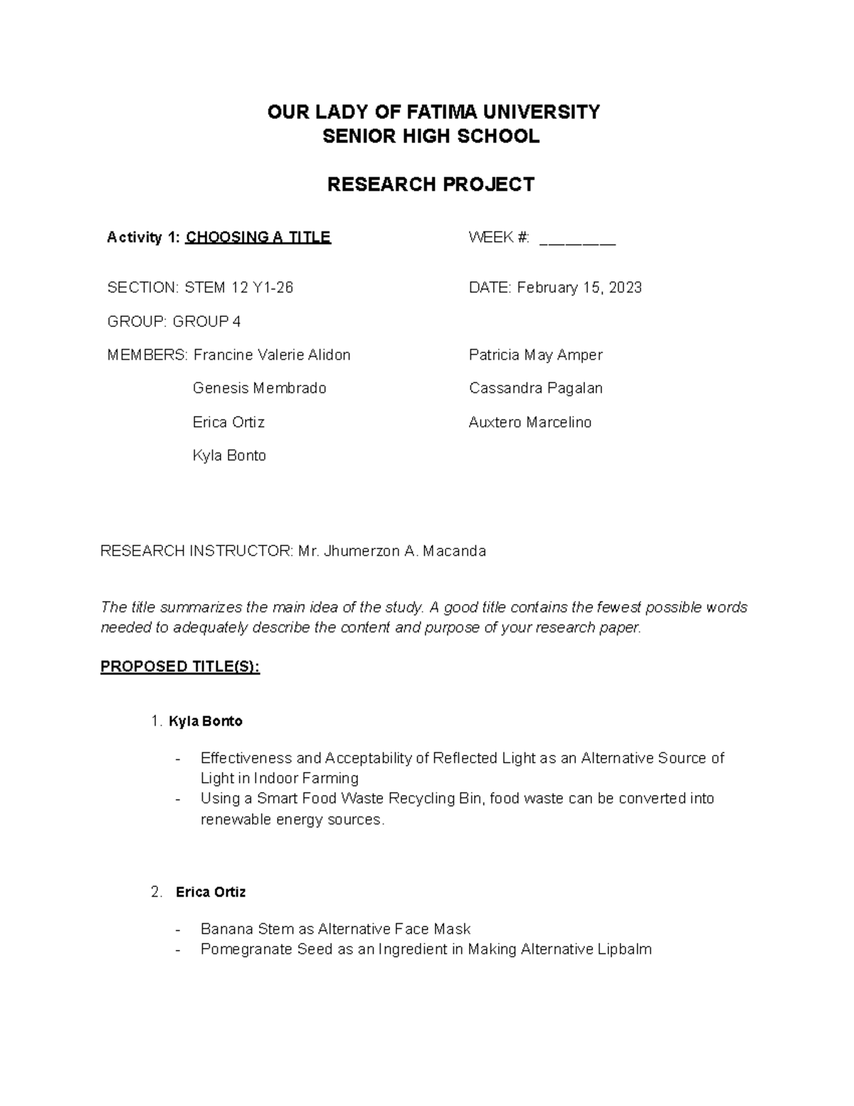 Research Titles - m.nuilgig - OUR LADY OF FATIMA UNIVERSITY SENIOR HIGH ...