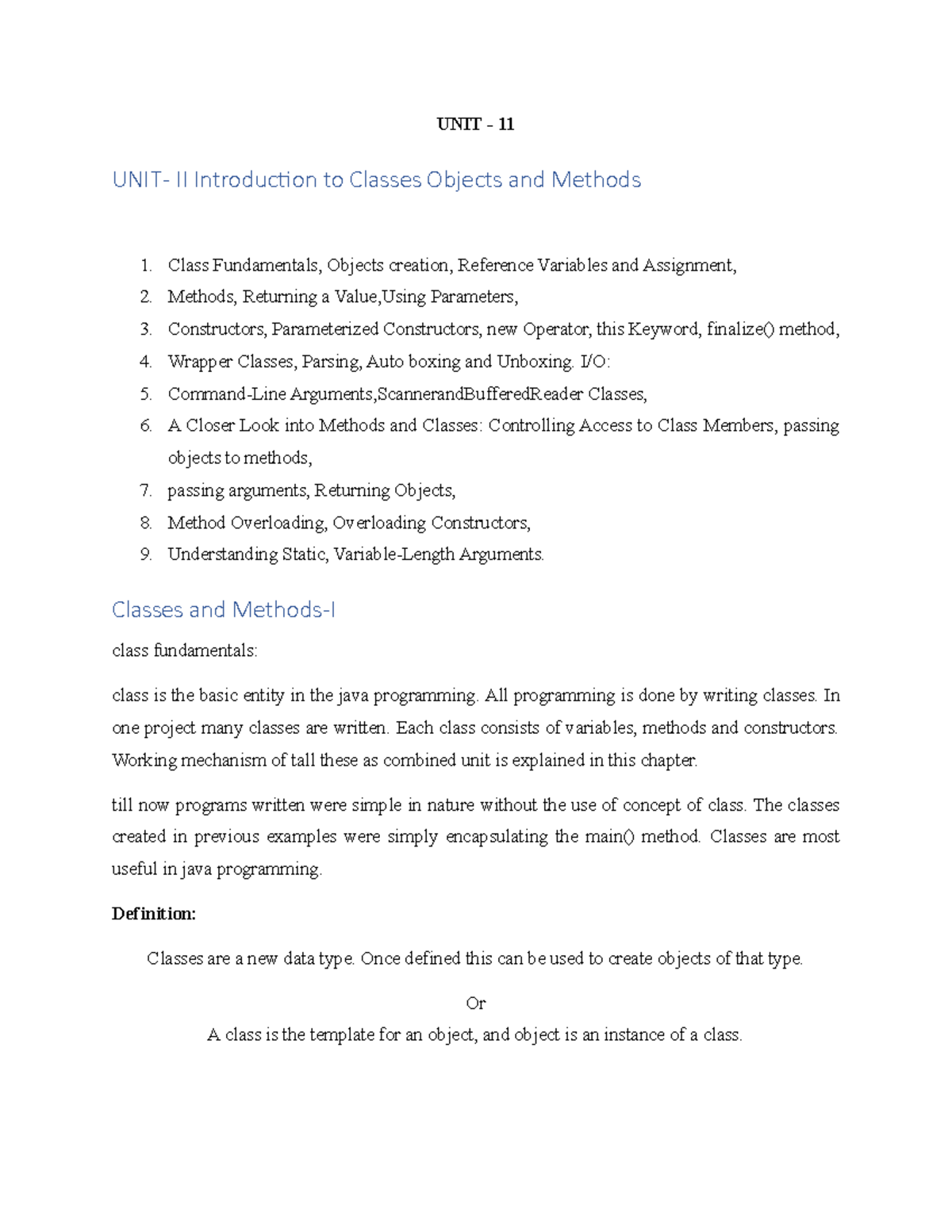 UNIT - II Introduction to Classes Objects and Methods 171293909 ...