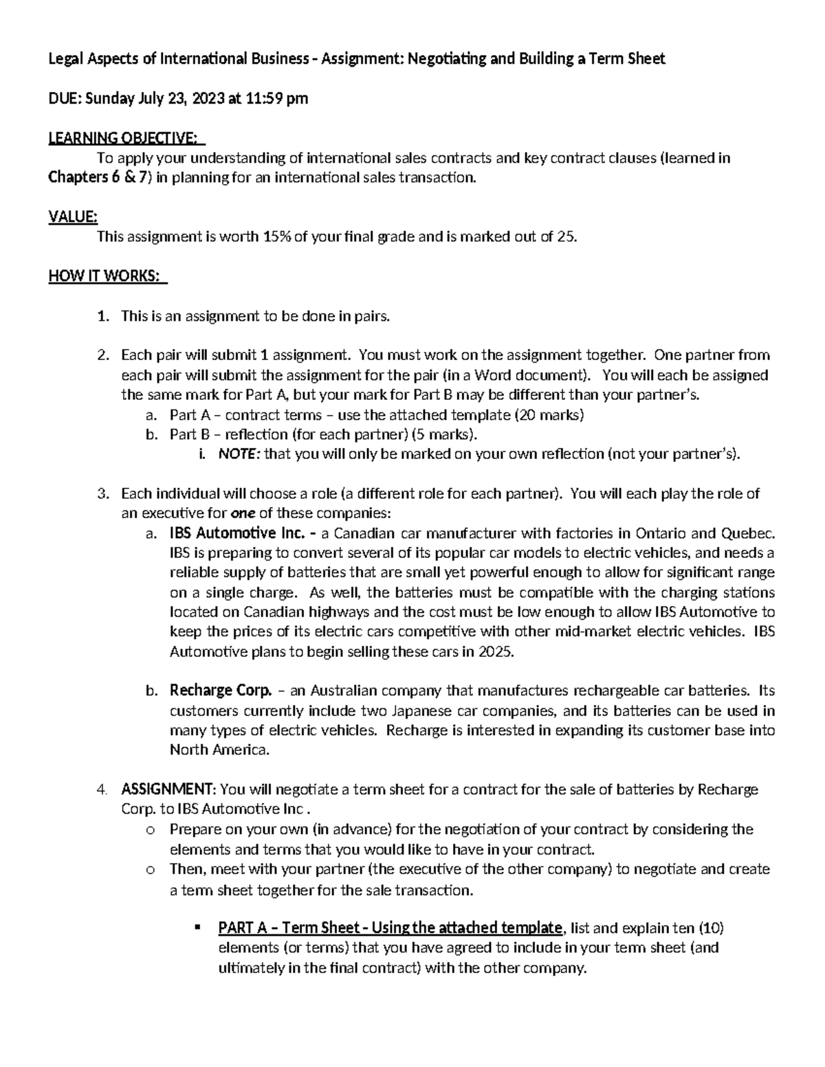 2023.Term Sheet assignment - Legal Aspects of International Business ...