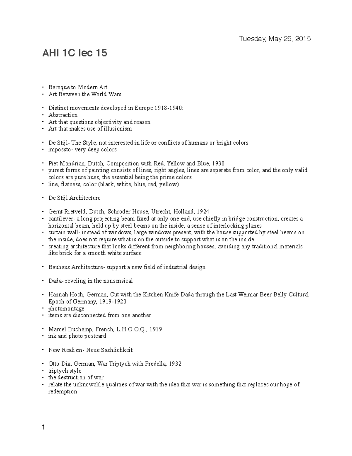 AHI 1C lec 15 - Lecture notes 15 - Tuesday, May 26, 2015 AHI 1C lec 15 ...