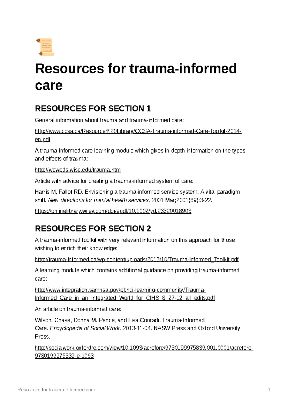 Resources for trauma-informed care - wisc/trauma.htm Article with advice for creating a - Studocu