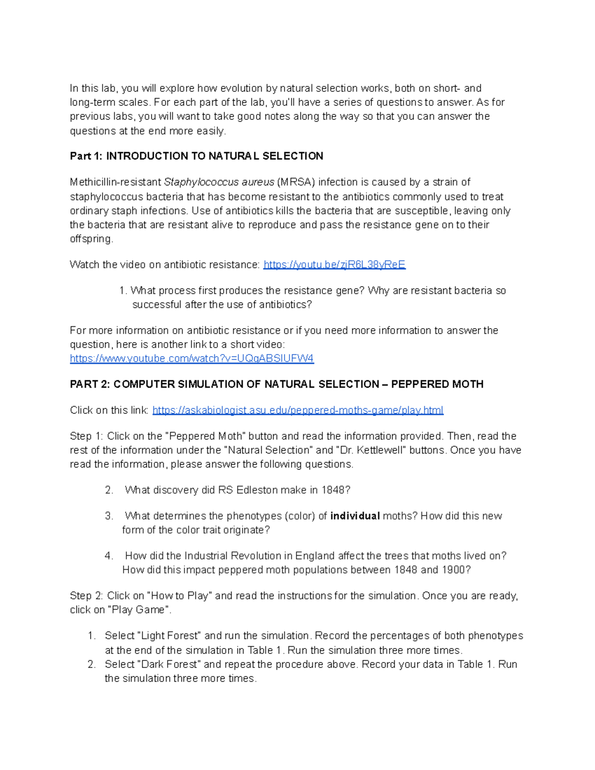Lab 3: Natural Selection and Evolution Simulation Instructions - In ...