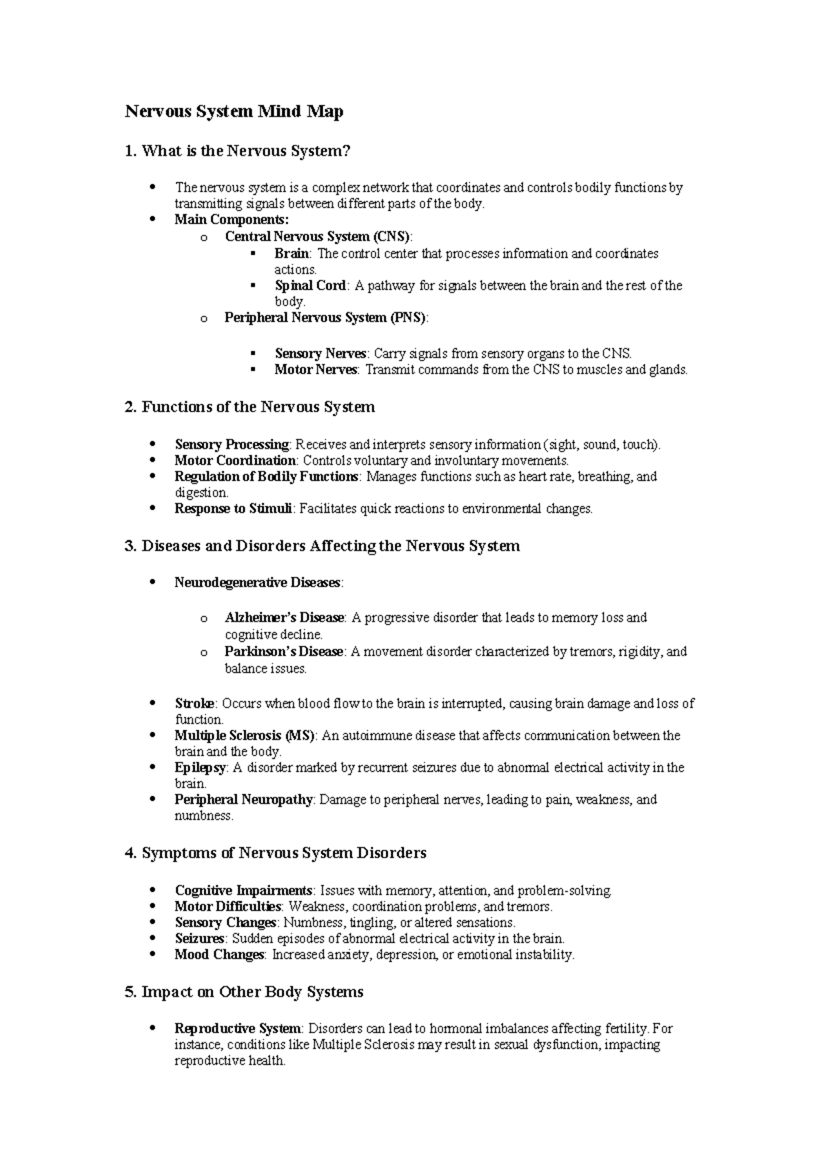 Nervous System Mind Map - What is the Nervous System? The nervous ...