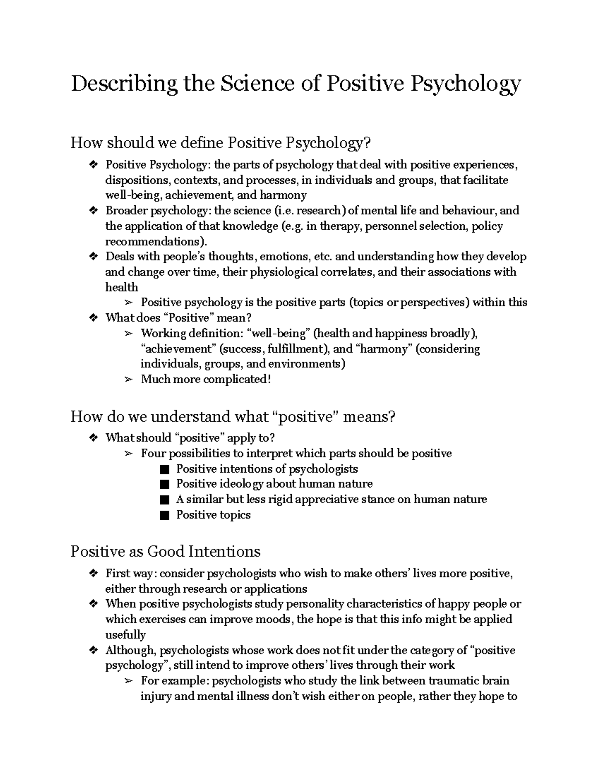 Chapter 1 Notes - Describing the Science of Positive Psychology How ...