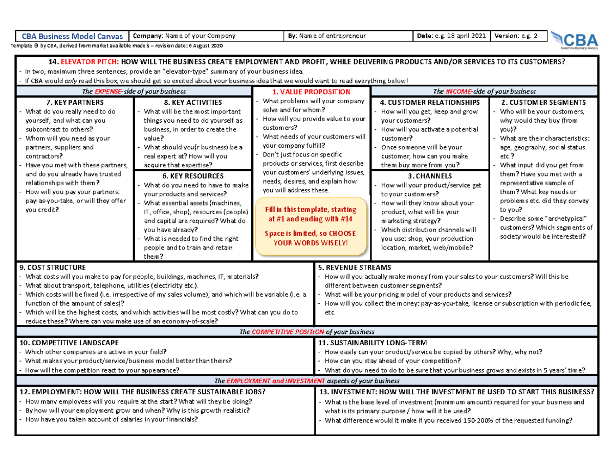 Canvas Instructions - Notes - CBA Business Model Canvas Company : Name ...