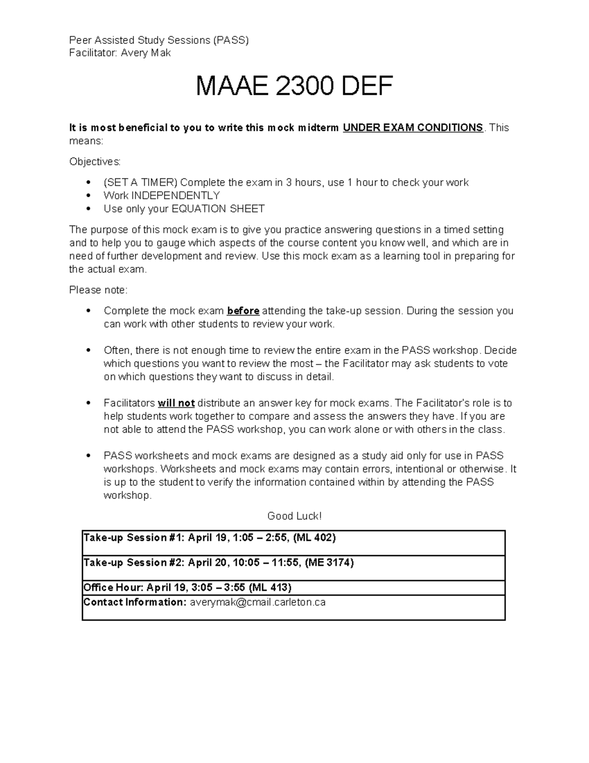 MAAE 2300 DEF - Mock Final - Facilitator: Avery Mak MAAE 2300 DEF It is ...