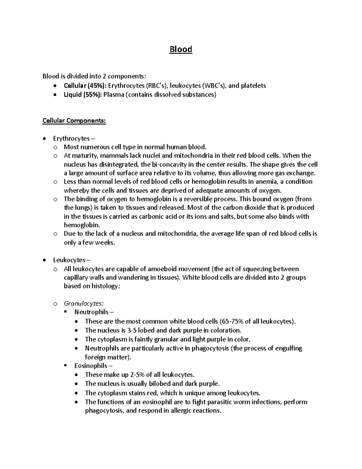 Blood Handout - Blood Blood is divided into 2 components: - Cellular ...