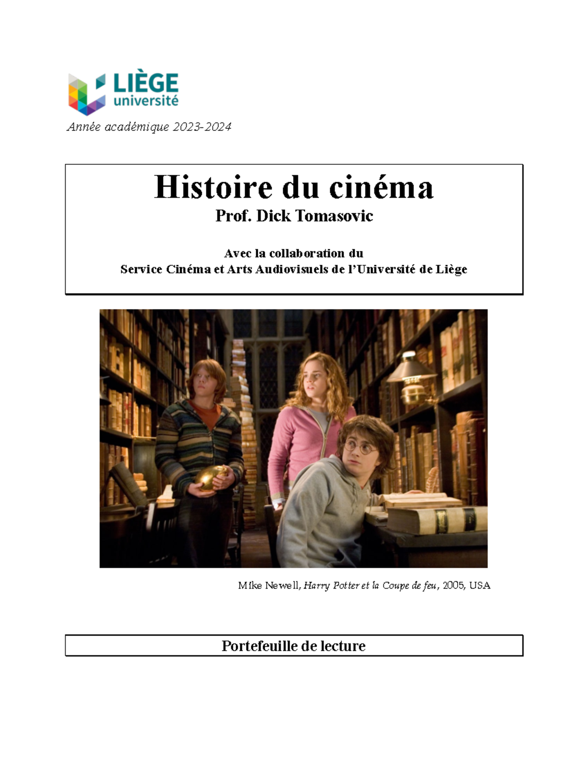 Portefeuille de lecture HDC 2023 - Année académique 2023- 2024 Histoire du cinéma Prof. Dick ...