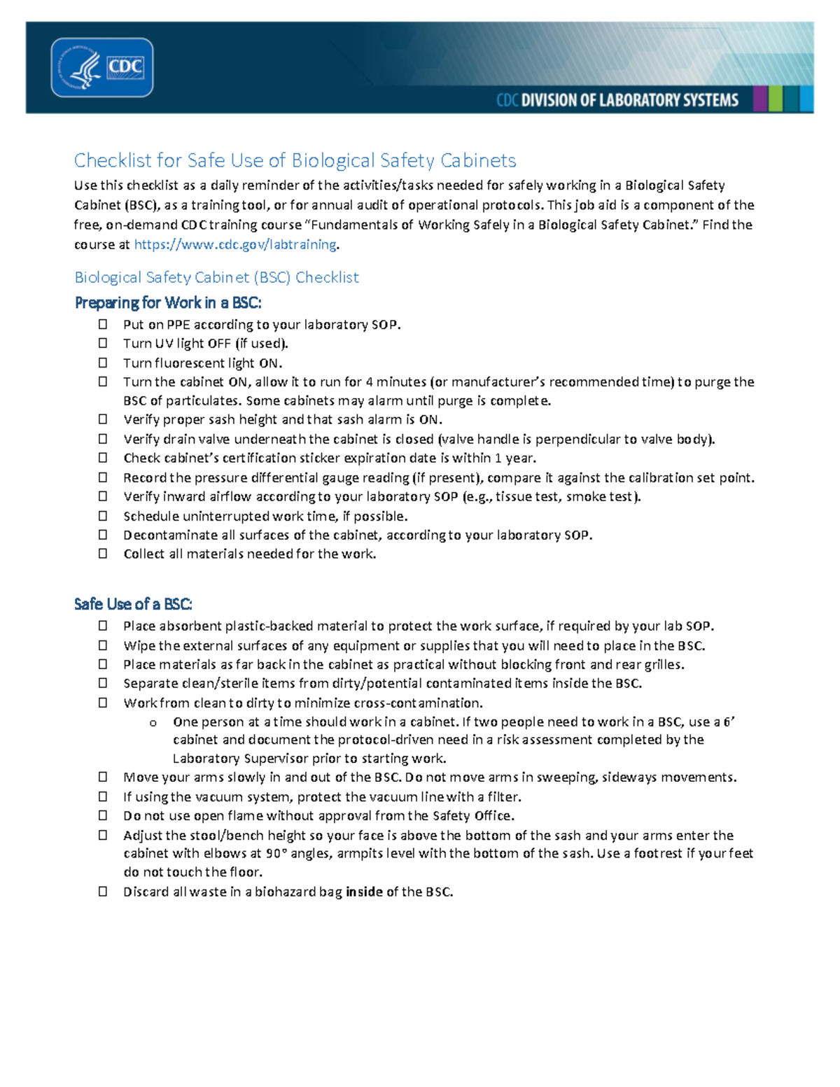 BSC-Checklist - BSC checklist - Checklist for Safe Use of Biological ...
