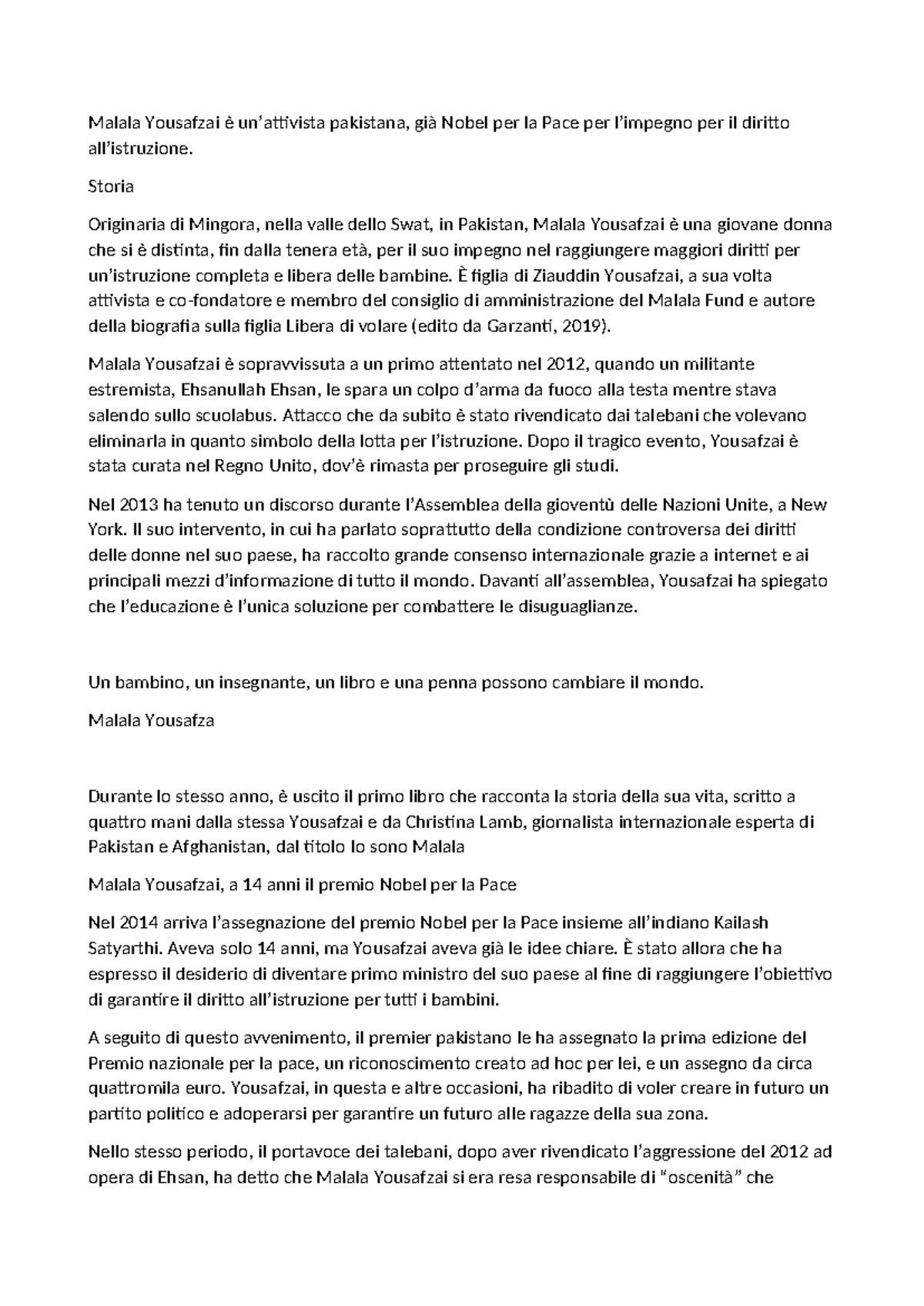 testo di italiano di Malala Youftzai esame di maturità - Malala ...