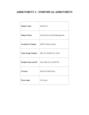 BAFI 3192 Derivatives and Risk Management- Individual Assessment 1 ...