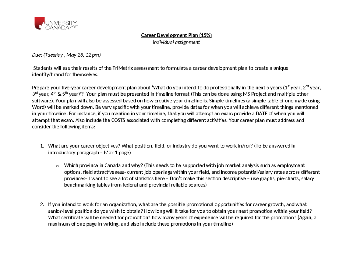 Career Development Plan Assignment - Career Development Plan (15% ...