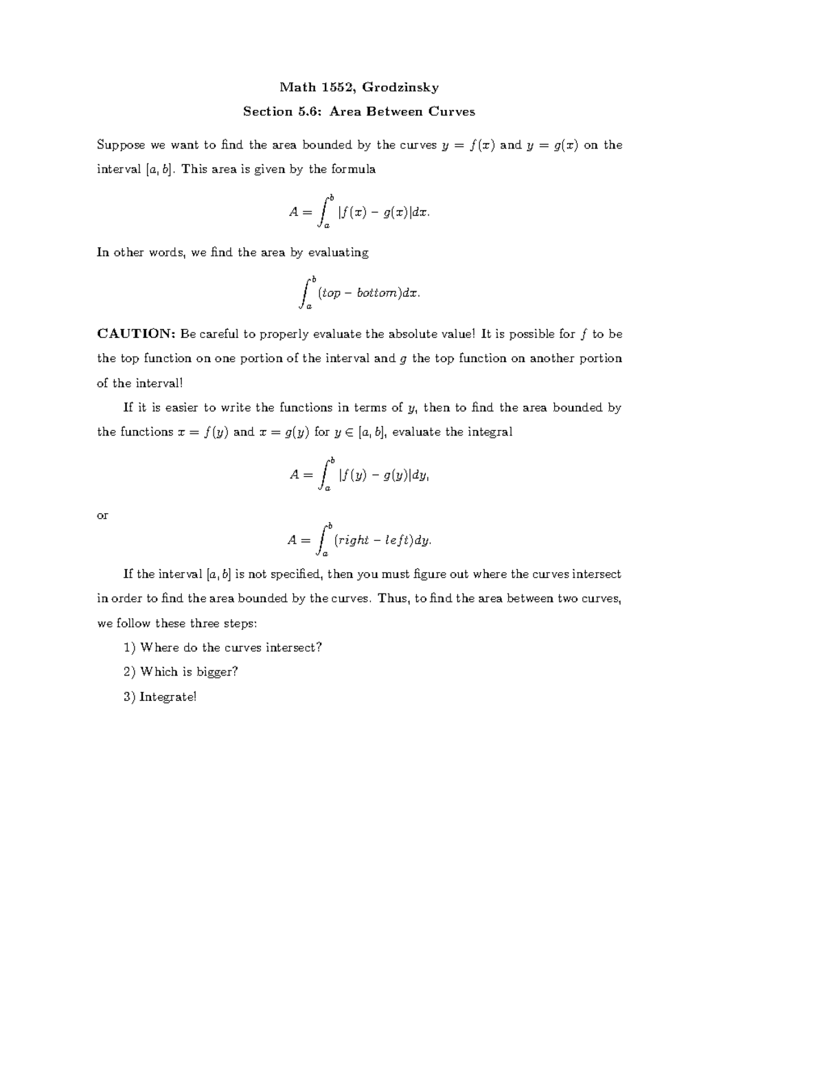 Handout 56 - Math 1552, Grodzinsky Section 5: Area Between Curves Suppose we want to find the ...