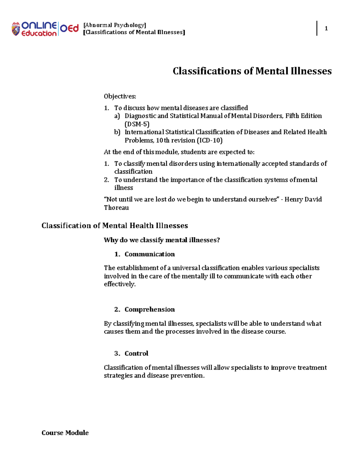 Module 2 - Classifications of Mental Illnesses - [Abnormal Psychology] [Classifications of ...