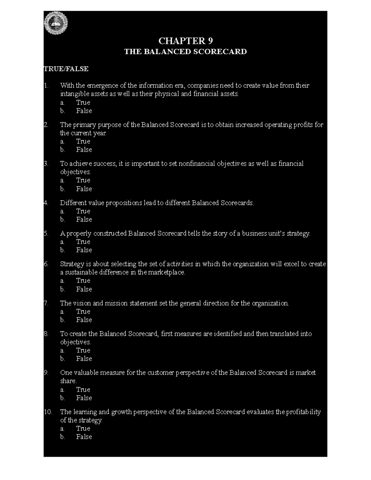 CHAP 09 - MANAGEMENT ACCOUNTING PRACTICE TEST CHAPTER 9 - CHAPTER 9 THE ...