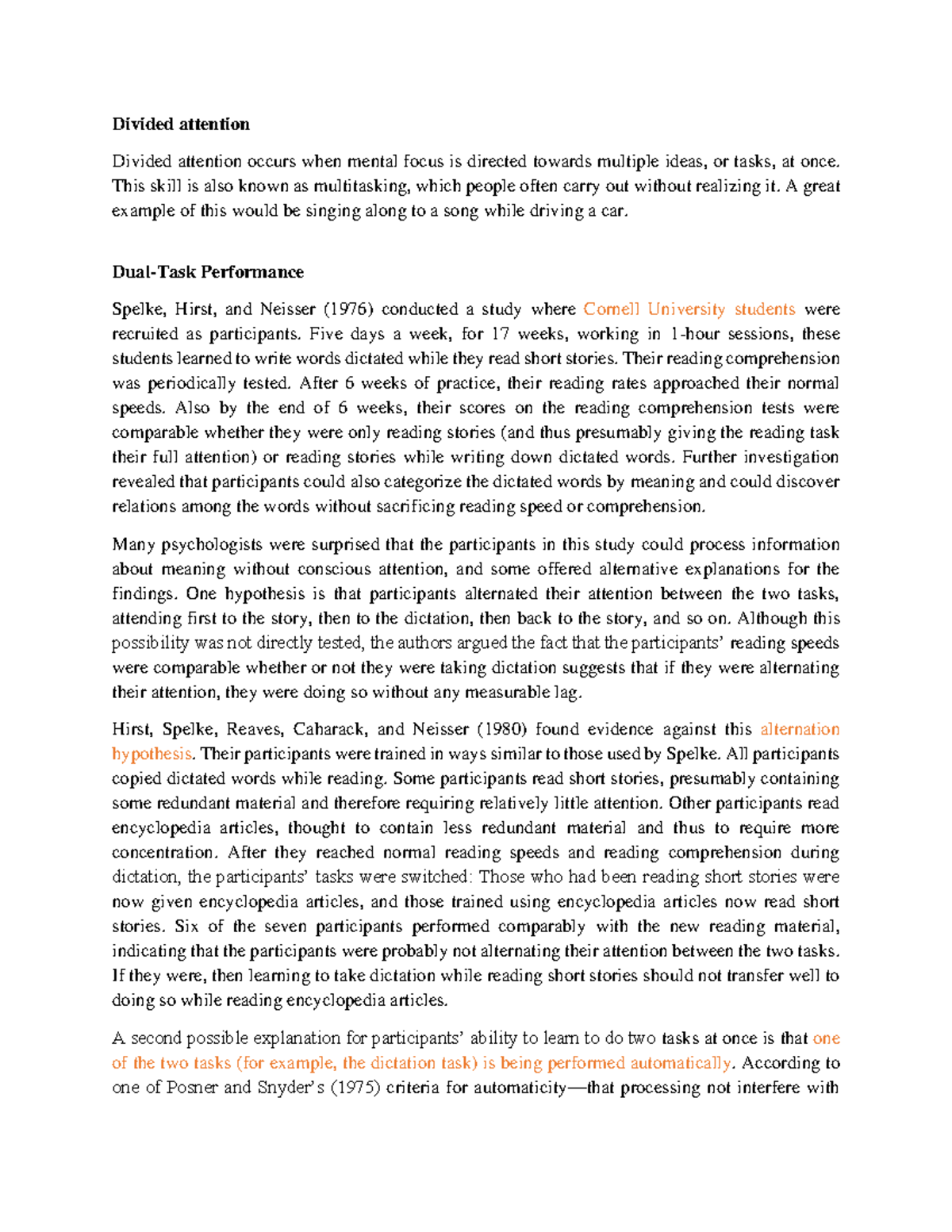 Attention - notes semster one cognitive psychology mg university ...