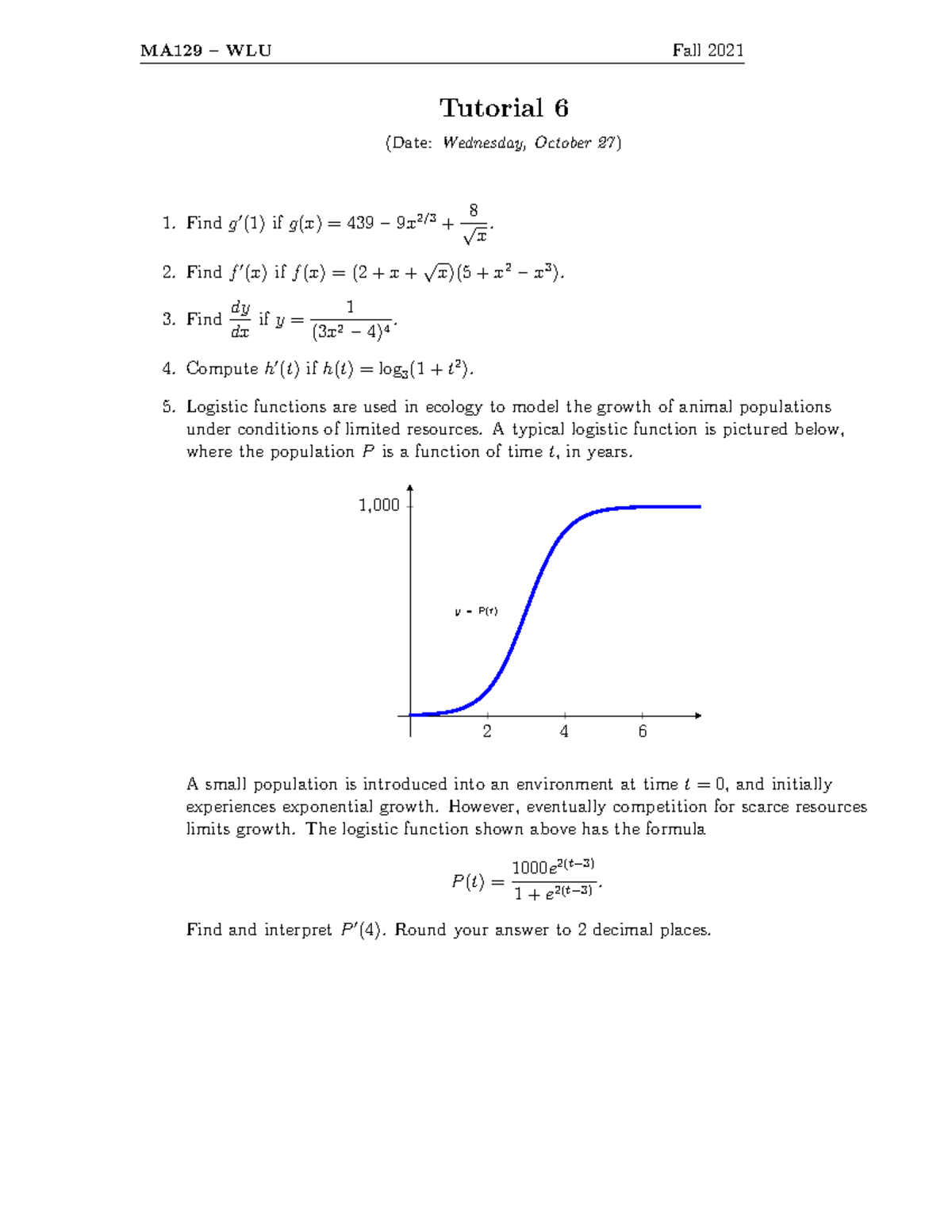 Tutorial 6 ma129F21 - MA129 – WLU Fall 2021 Tutorial 6 (Date: Wednesday, October 27 ) Find g′(1 ...