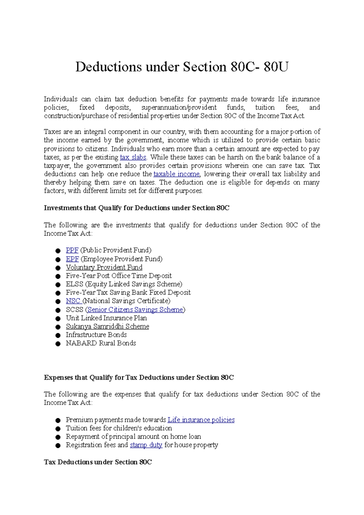 Deductions under Section 80C - Taxes are an integral component in our ...