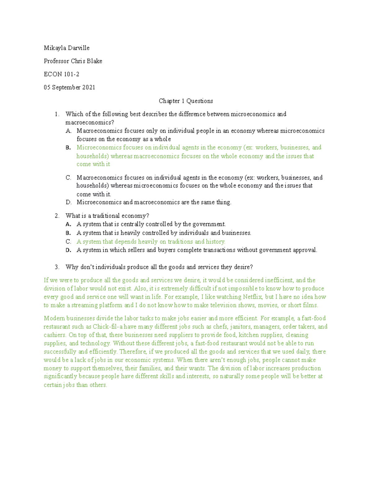 ECON101-2- Chapter 1 Questions - Mikayla Darville Professor Chris Blake ...