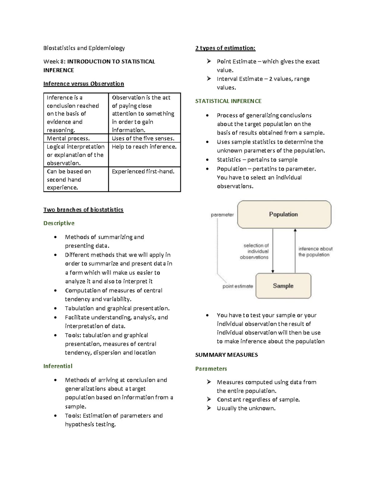 BIOE WEEK 8 Trans - notes - Biostatistics and Epidemiology Week 8 ...
