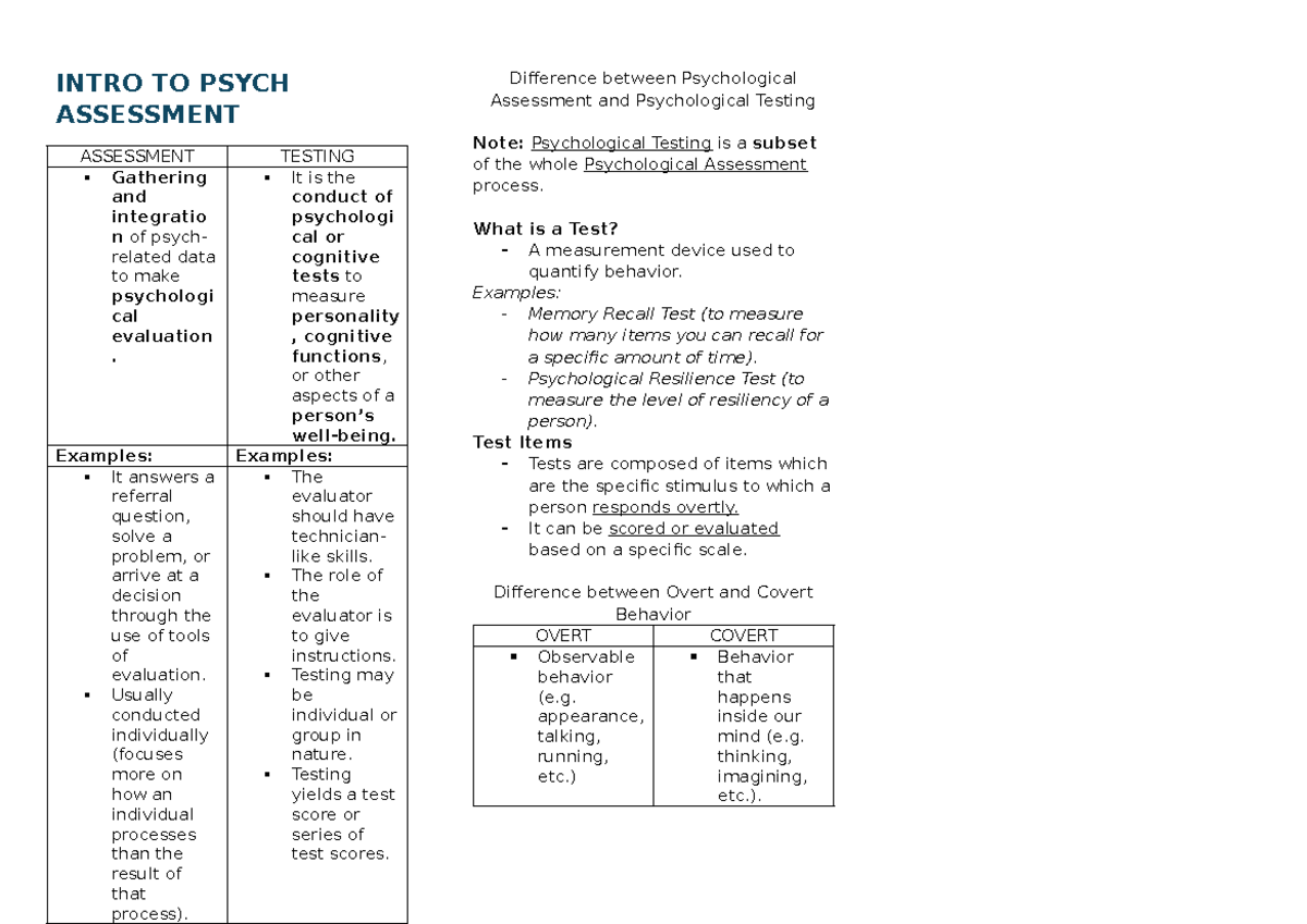 Intro TO Psych Assessment - INTRO TO PSYCH ASSESSMENT Difference ...