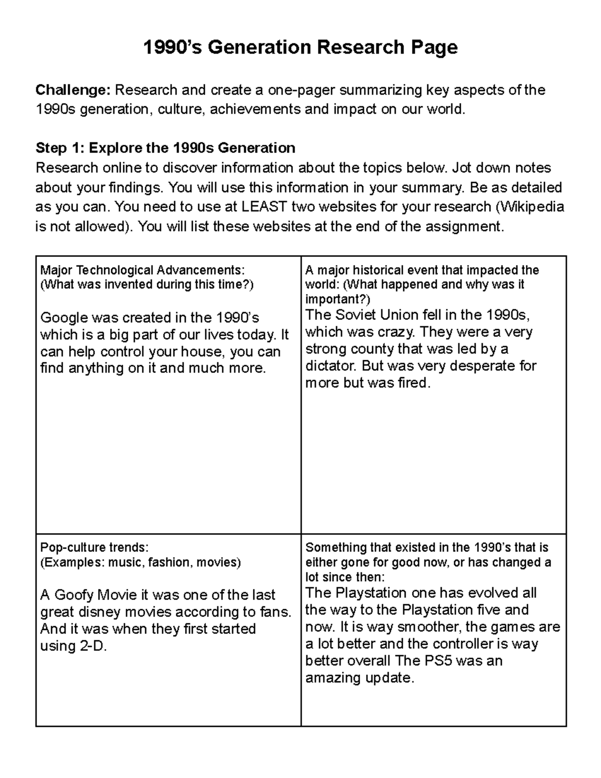 Copy of 1990's Generation Research Assignment - 1990’s Generation ...