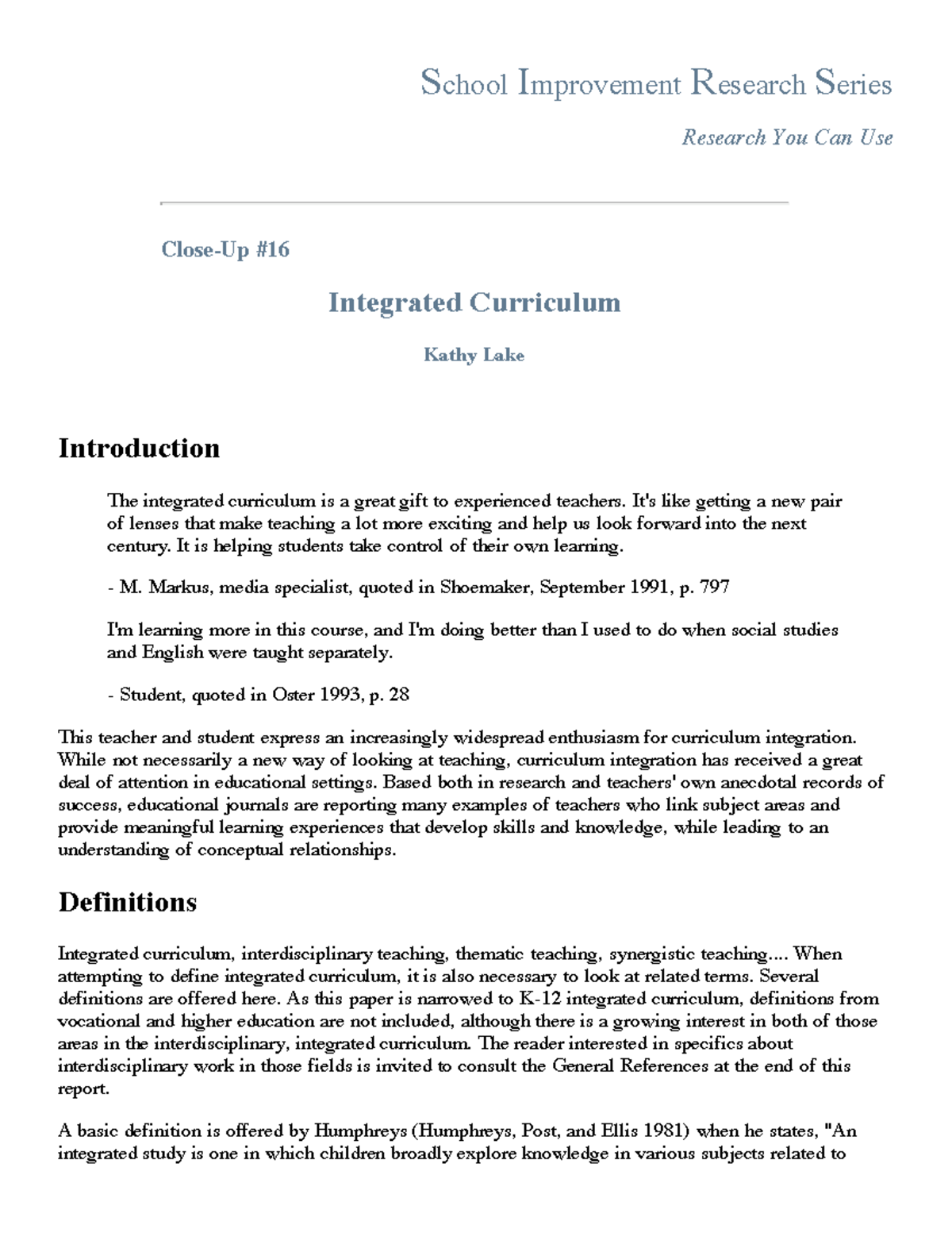 Integrated-curriculum - School Improvement Research Series Research You ...