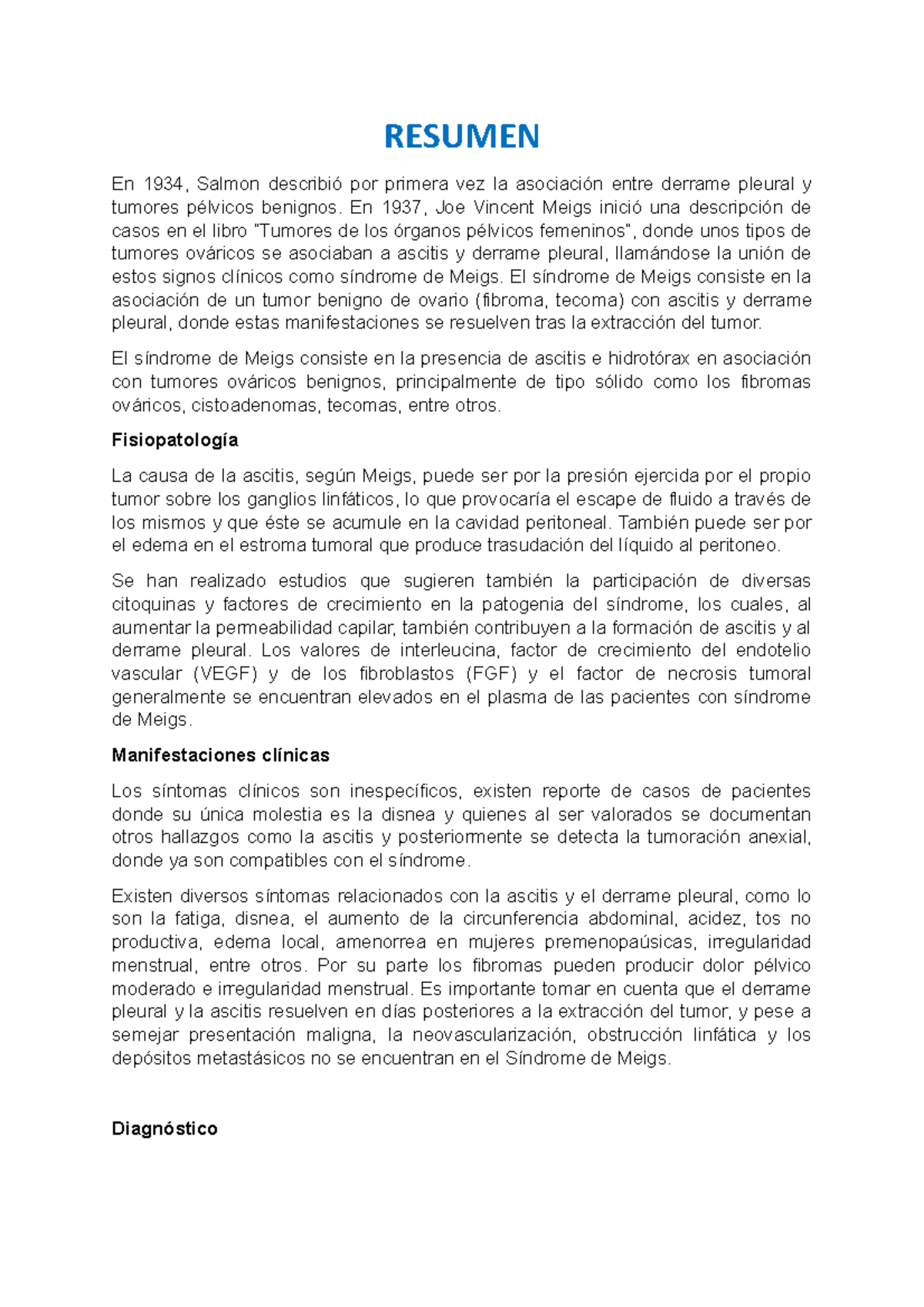 Resumen Sindrome DE Meigs - RESUMEN En 1934, Salmon describió por ...