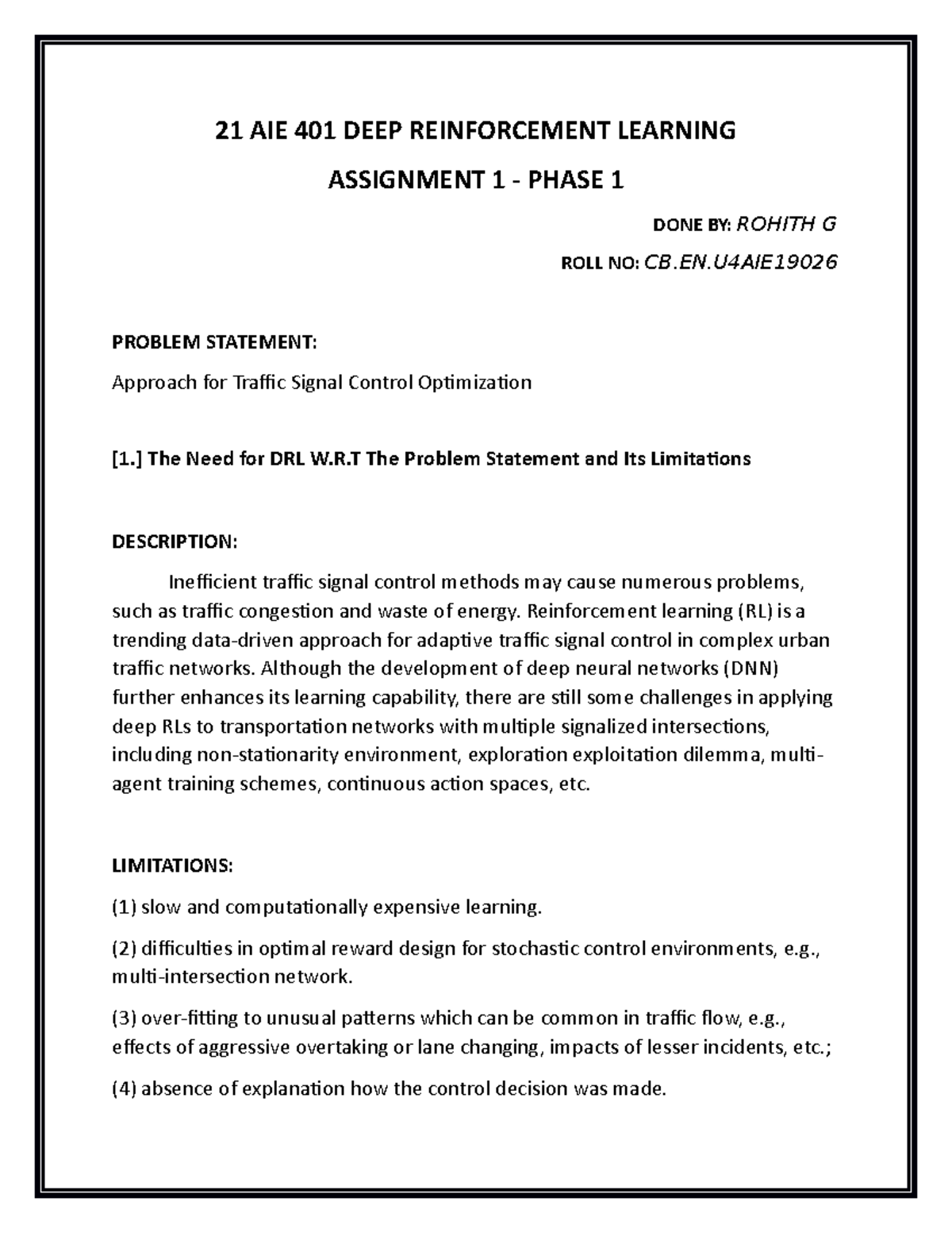 Rohith G 19026 - sowmya - 21 AIE 401 DEEP REINFORCEMENT LEARNING ASSIGNMENT 1 - PHASE 1 DONE BY ...
