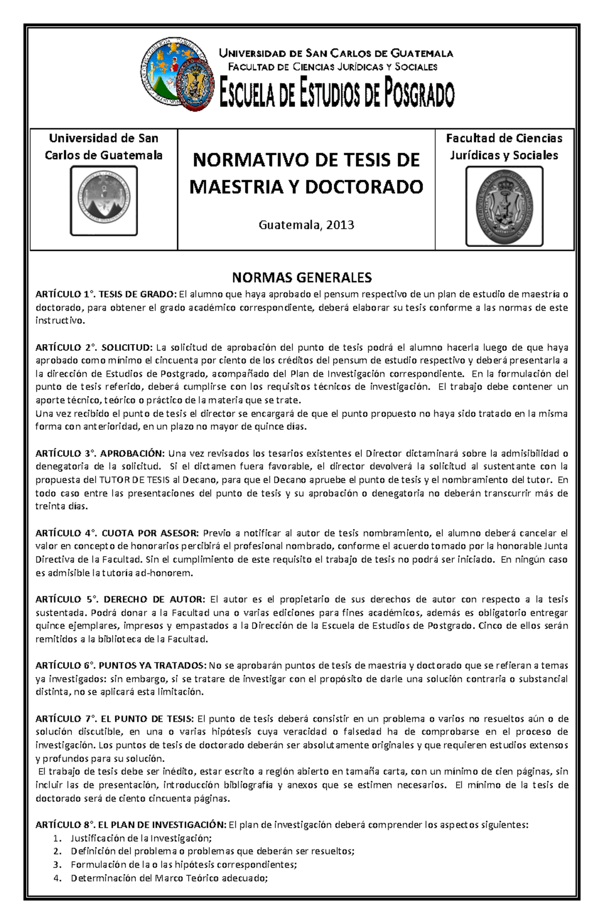 Normativo DE Tesis DE Maestria Y Doctorado USAC - Universidad de San ...