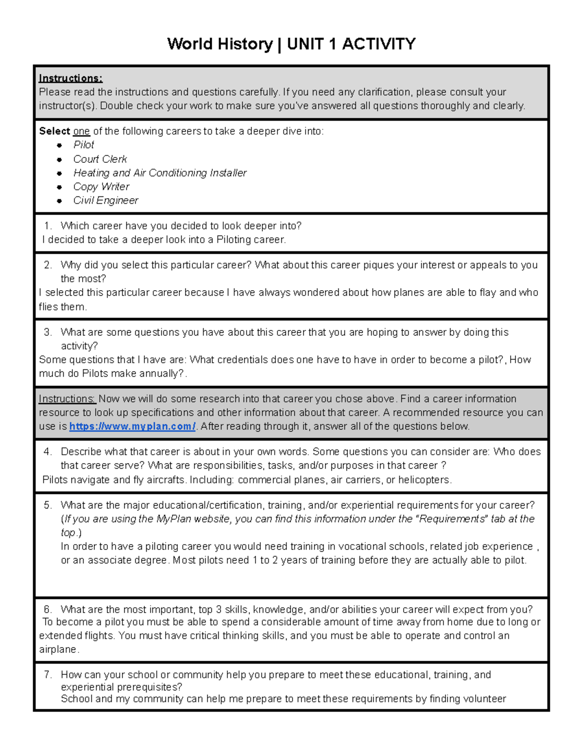 +Unit 1 Dropbox Activity Career Exploration World History - World ...