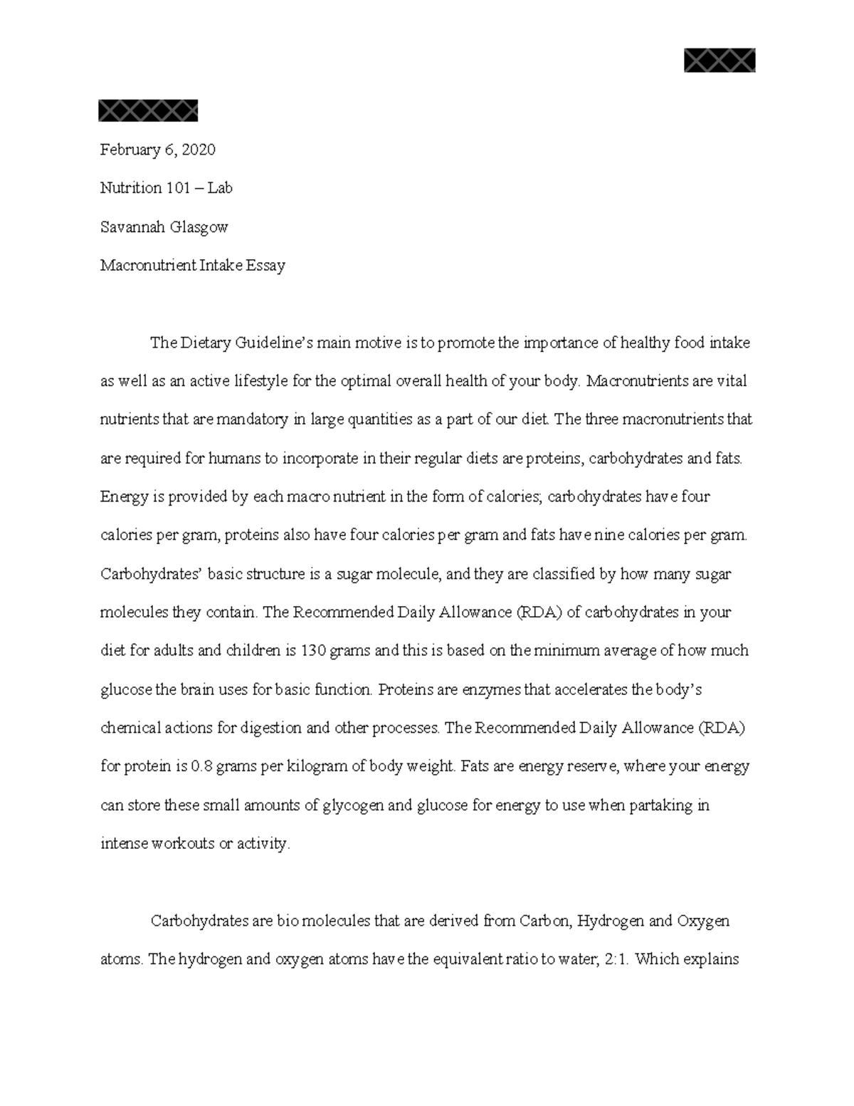 Macronutrient Intake Essay - February 6, 2020 Nutrition 101 – Lab ...