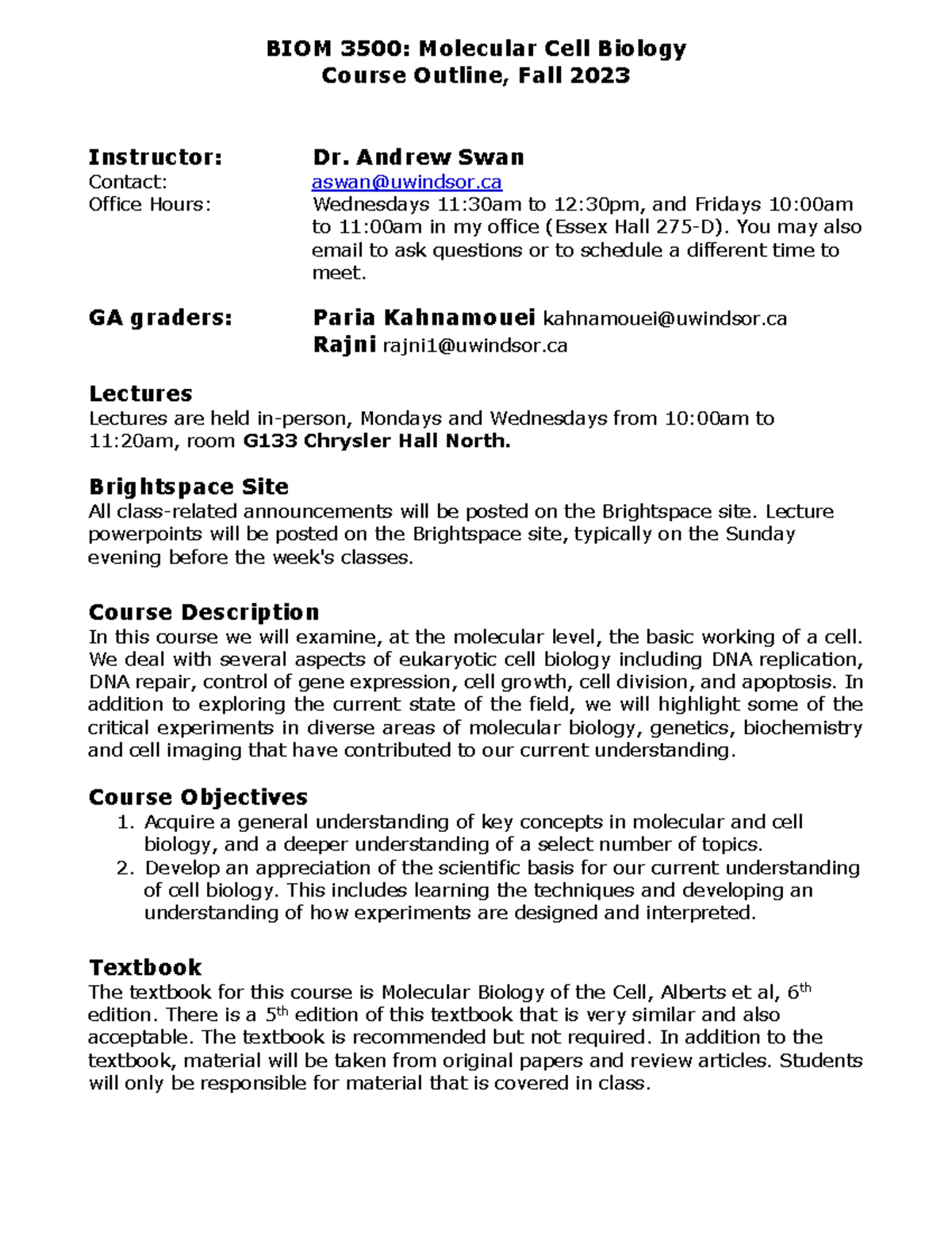 BIOM-3500-2023F Outline - BIOM 3500: Molecular Cell Biology Course ...