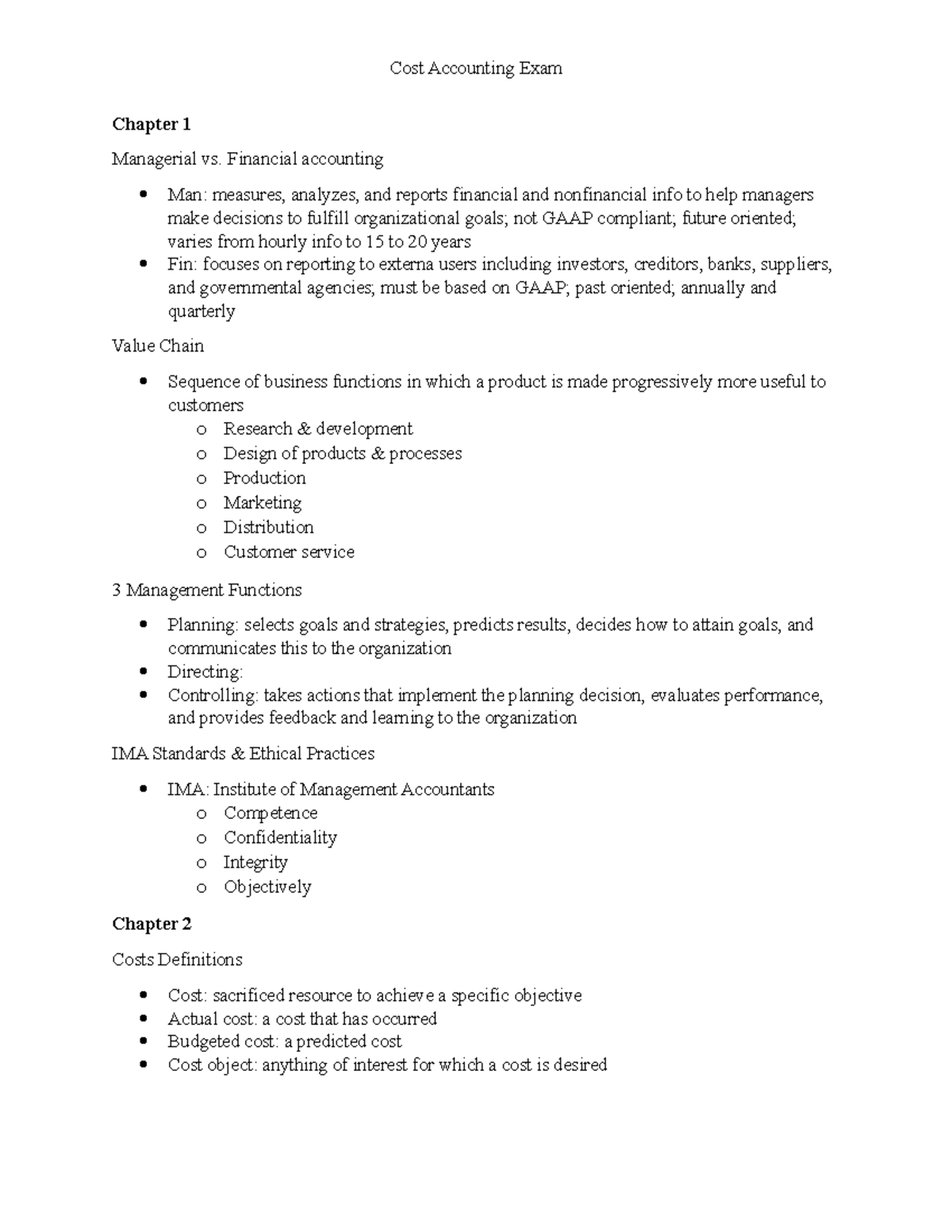 Cost Accounting Exam one review - Cost Accounting Exam Chapter 1 ...