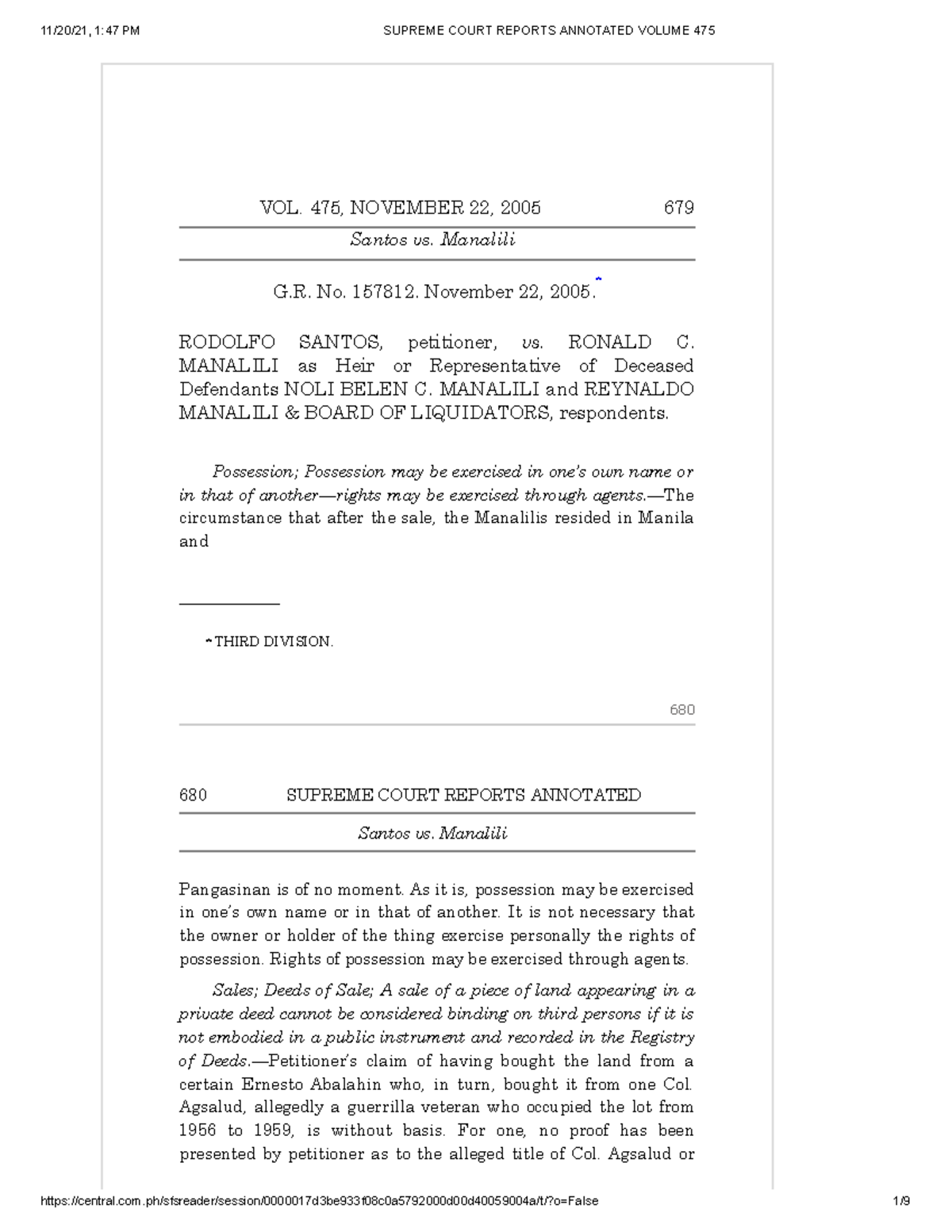 3.Rodolfo Santos vs. Ronald Manalili, 157812, Nov. 22, 2005 - VOL. 475 ...