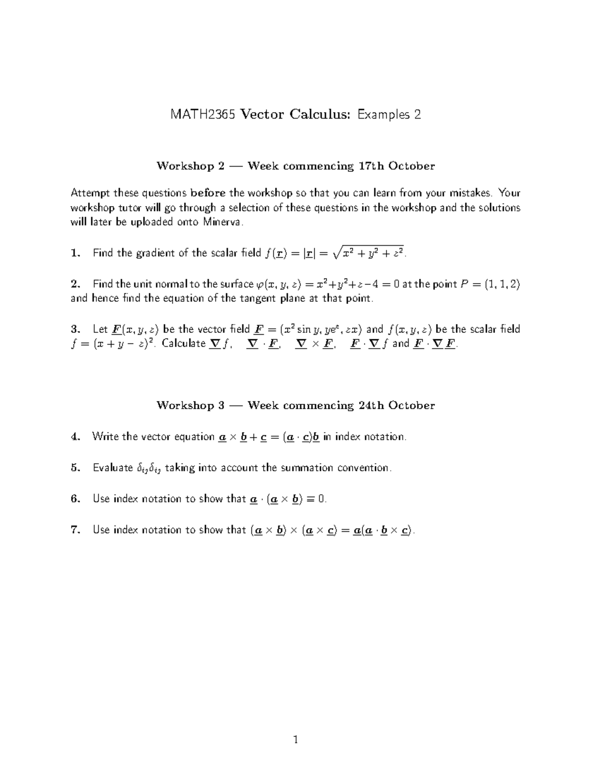 MATH2365 - Examples 2 - MATH2365 Vector Calculus: Examples 2 Workshop 2 ...