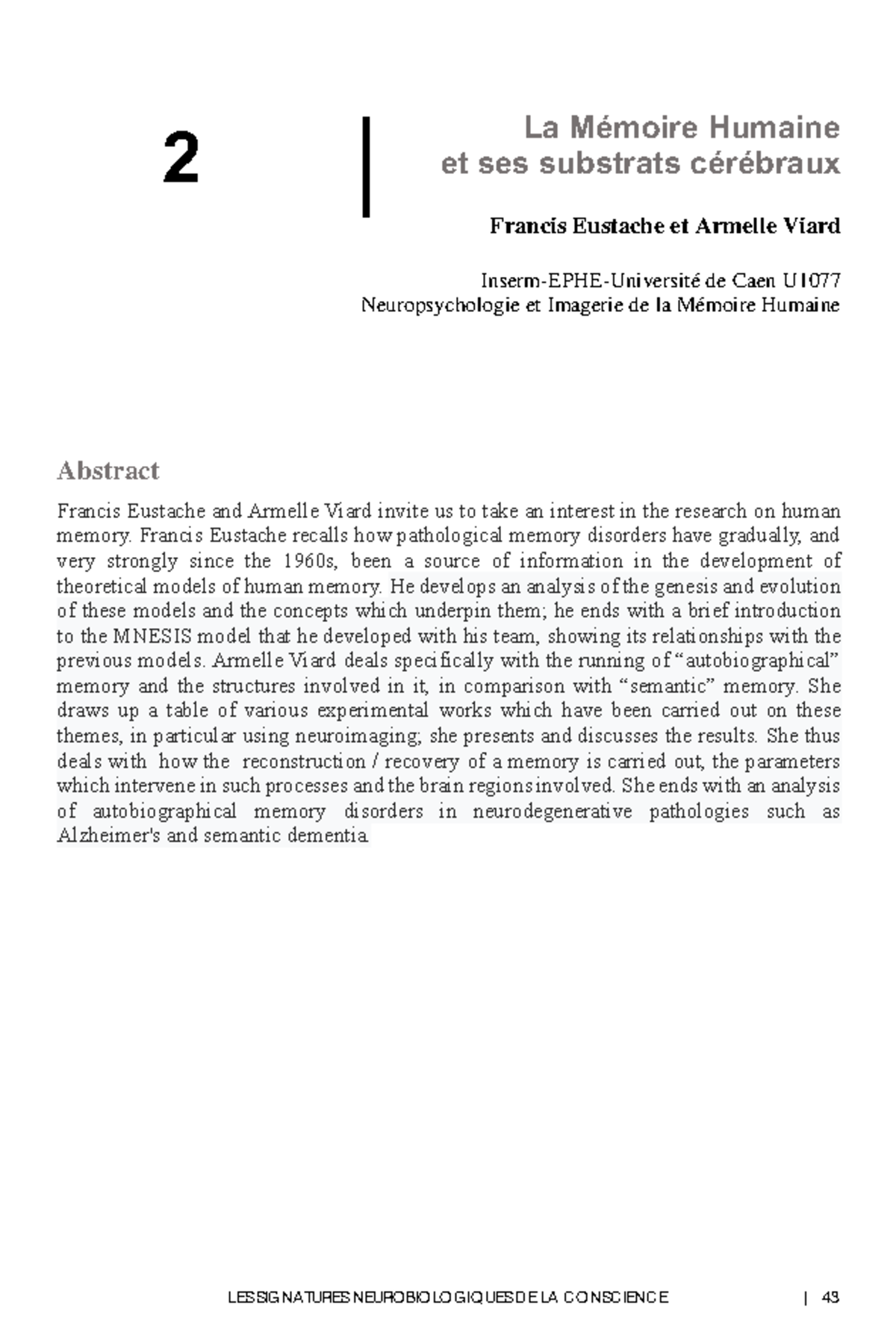 La Mémoire Humaine et les substrats cérébraux - La Mémoire Humaine et ...