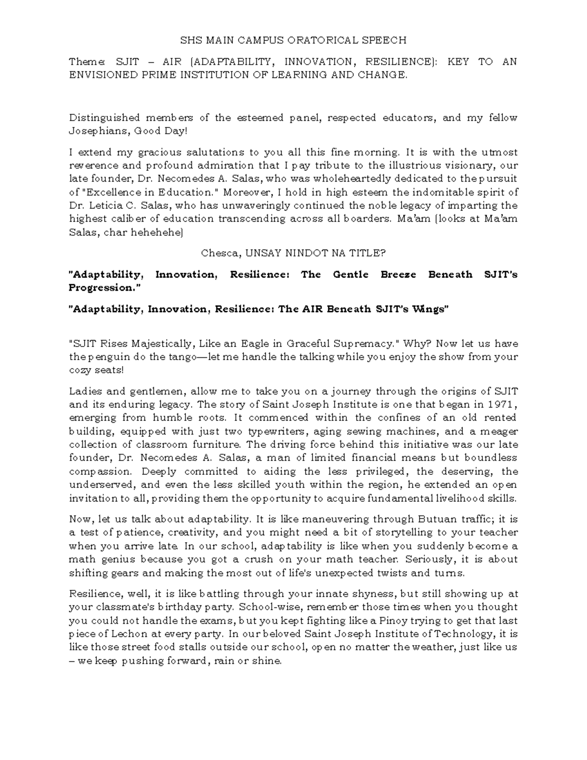 SHS MAIN Campus Oratorical Speech - SHS MAIN CAMPUS ORATORICAL SPEECH ...