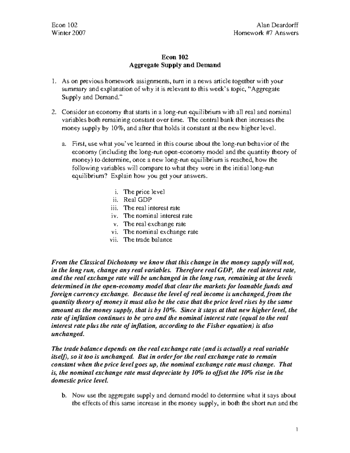 Seminar assignments - Homework assignment 7 solutions - Econ 102 Winter 2007 Alan Deardorff ...