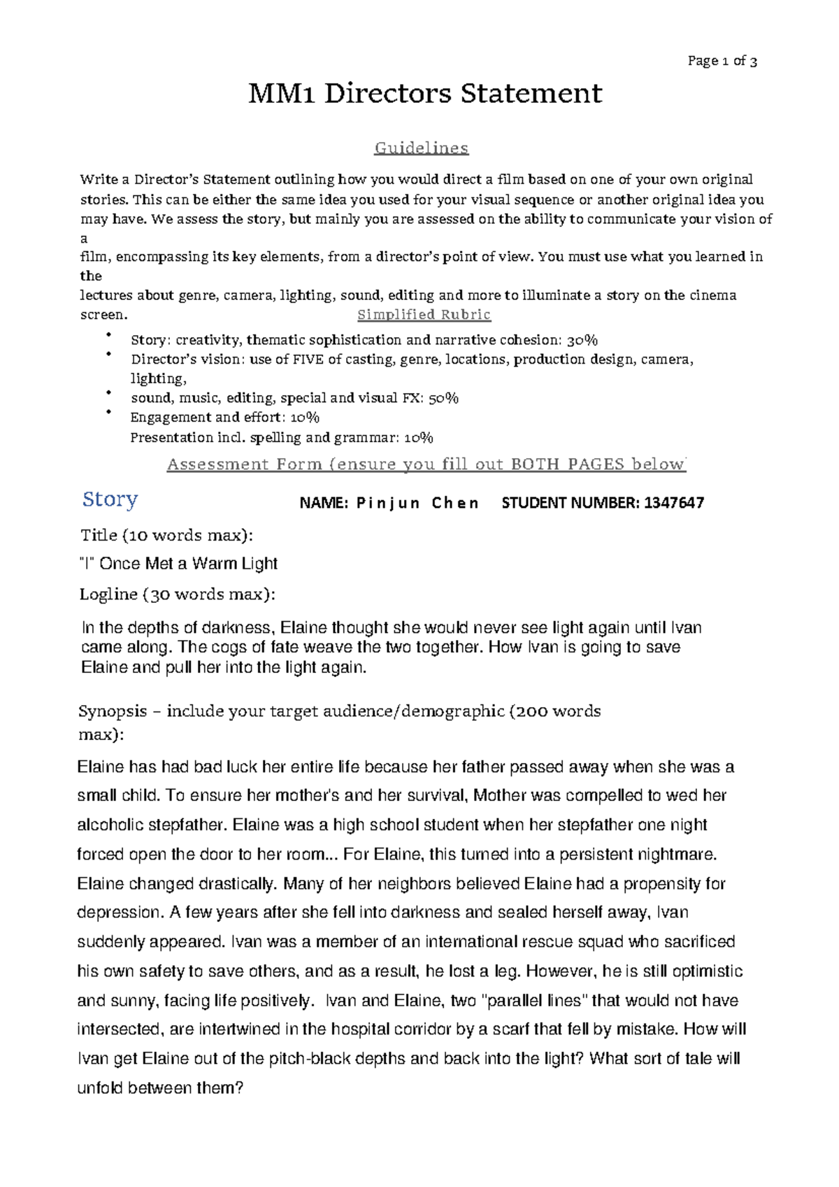 MM1 Directors Statement Example Donan Stanley (6) Pinjun Chen 1347647 ...