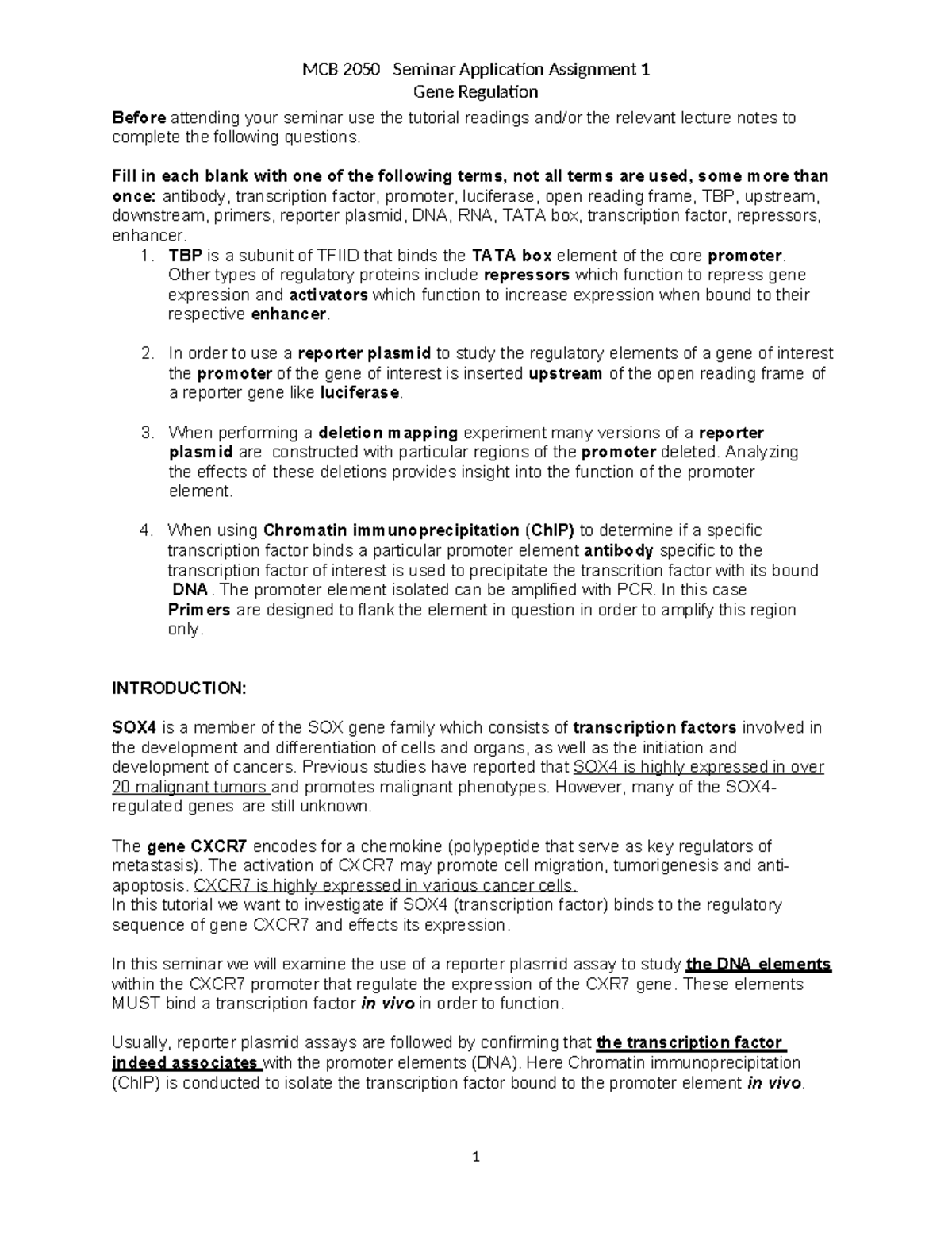 Gene regulation Seminar 1 word - MCB 2050 Seminar Application Assignment 1 Gene Regulation ...
