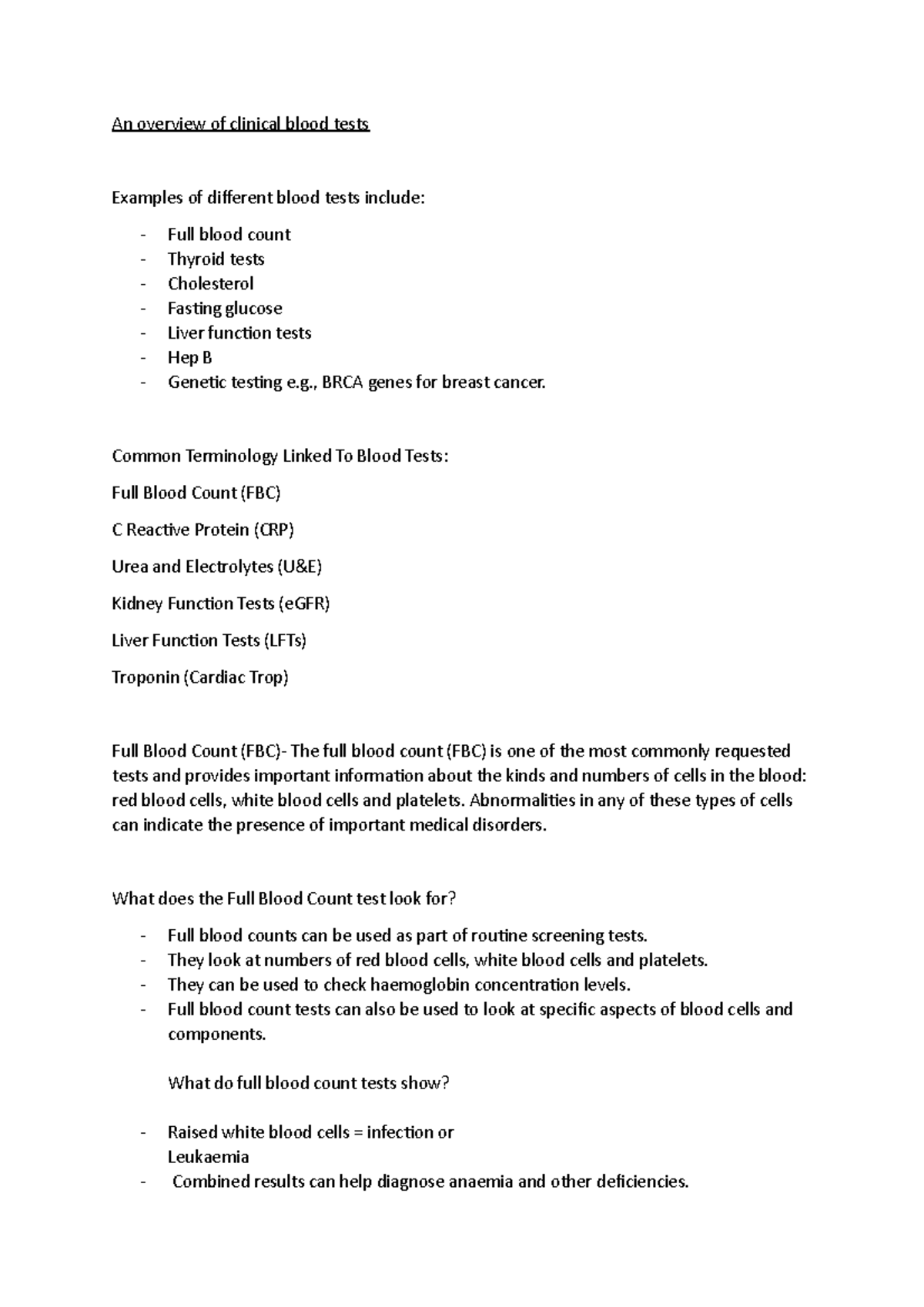 An Overview Of Clinical Blood Tests An Overview Of Clinical Blood