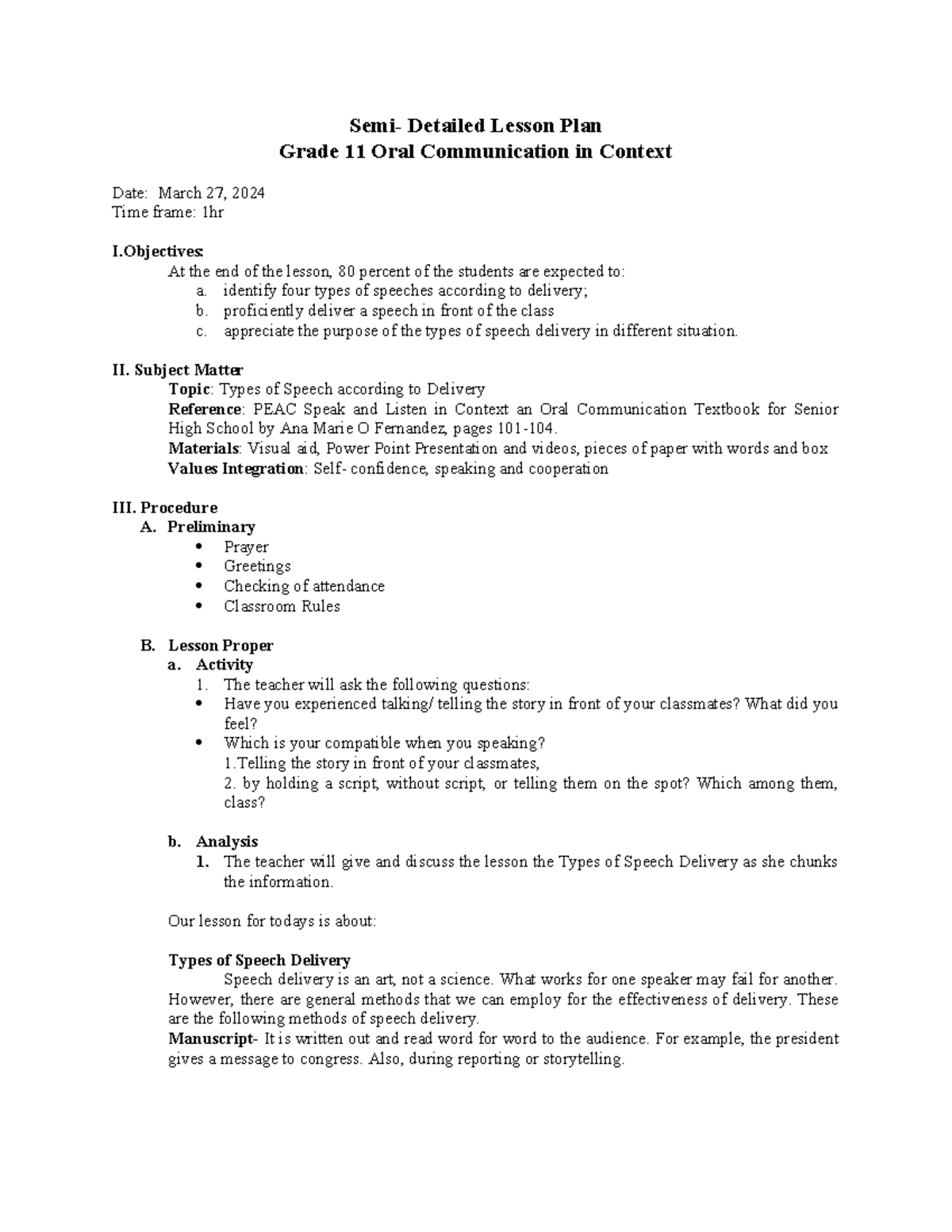 Senior HIGH lesson plan - Semi- Detailed Lesson Plan Grade 11 Oral ...