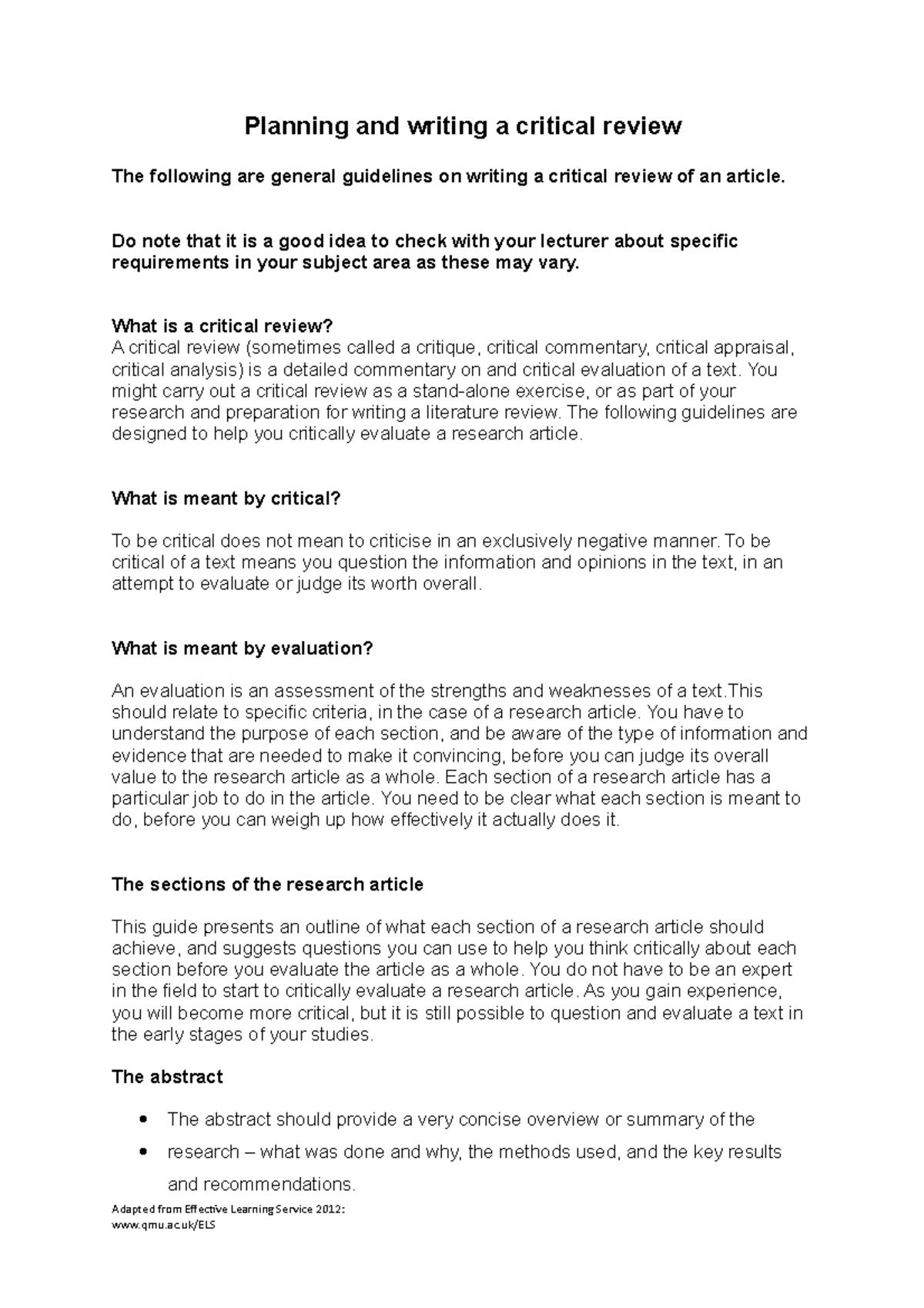 Planning and writing a critical review - Do note that it is a good idea ...