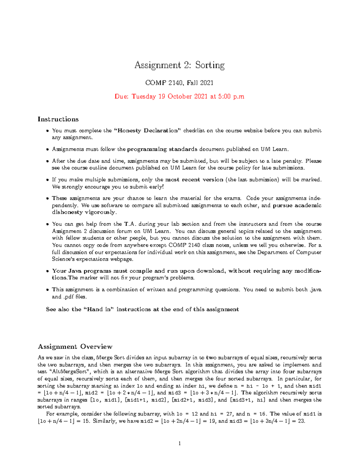 Assignment 2: Sorting COMP 2140 Fall 2021 - Studocu