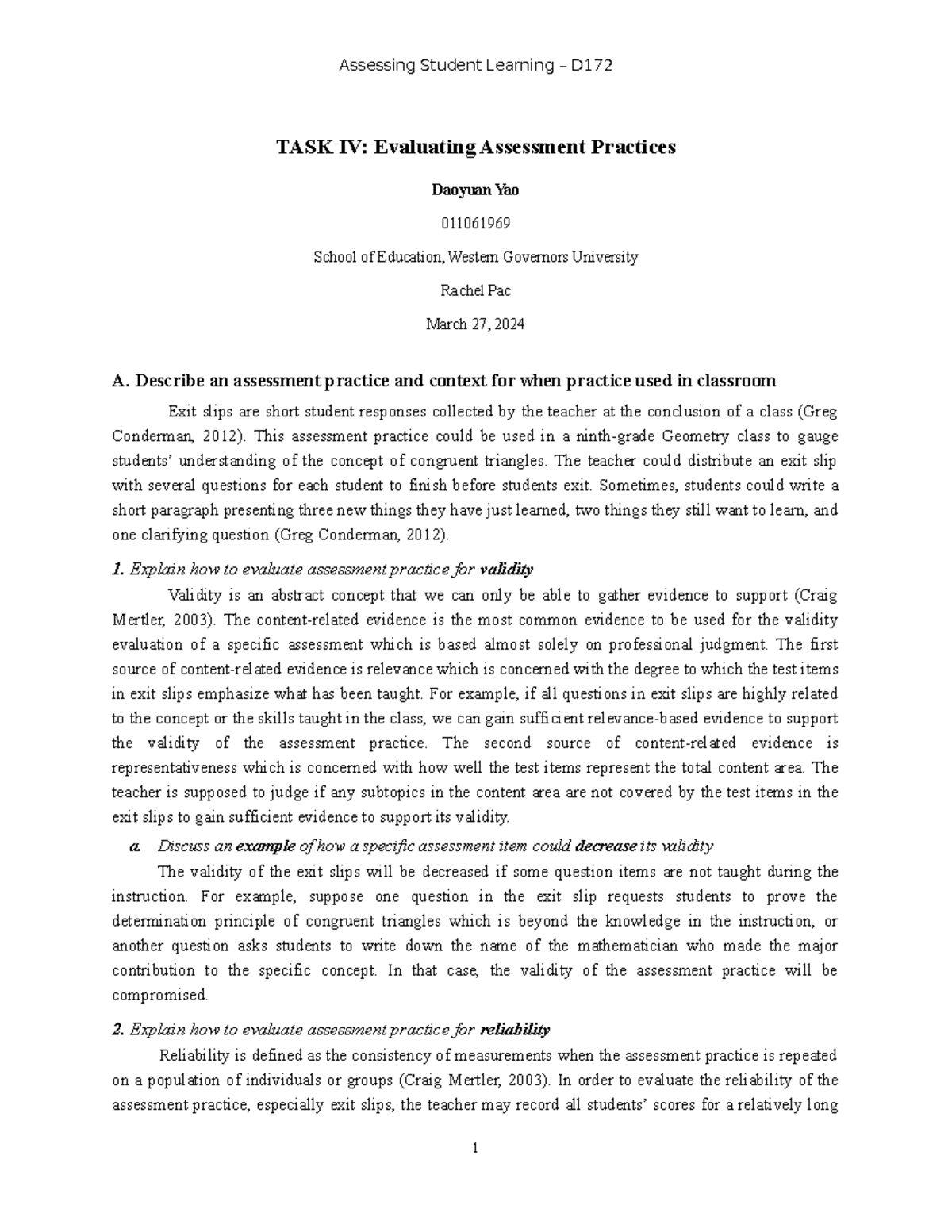 D172 TASK 4 Daoyuan Yao R1 - Assessing Student Learning – D TASK IV: Evaluating Assessment ...