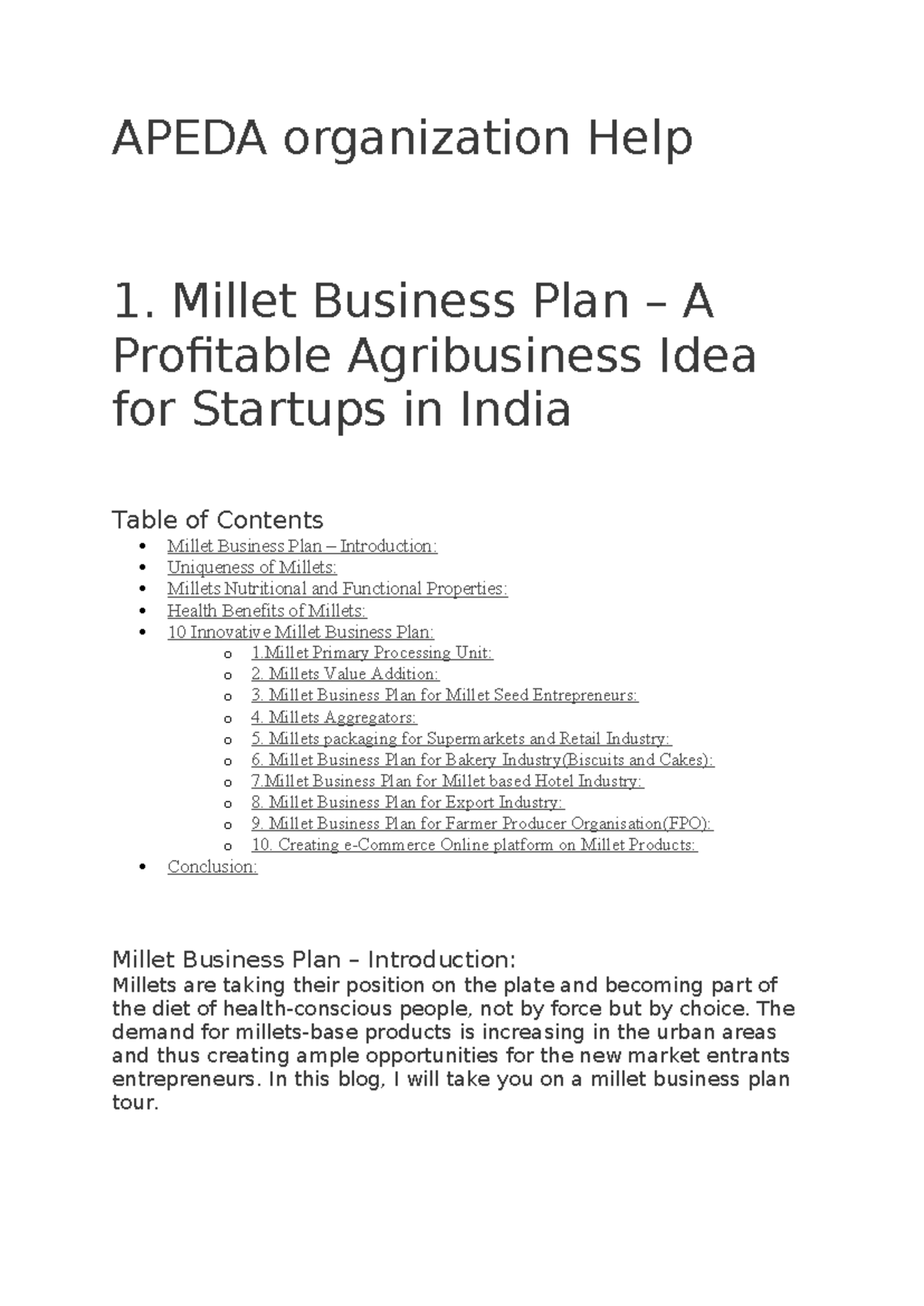 Millet Business Plan - gooooood - APEDA organization Help 1. Millet ...