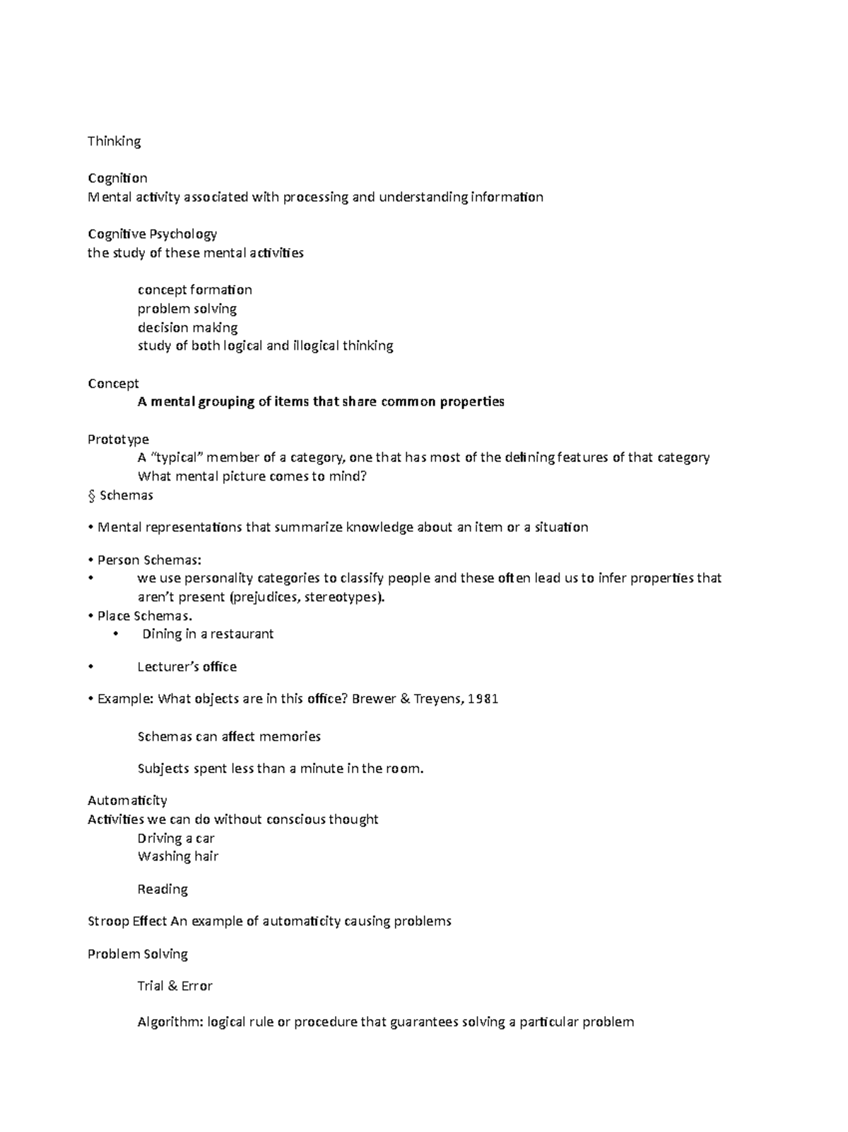 10. Thinking(1) - Lecture notes 10 - Thinking Cognition Mental activity ...